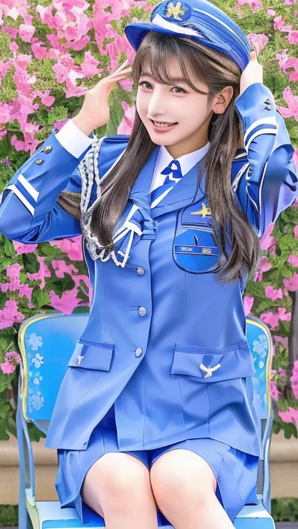 An Arabian-style woman in uniform is sitting on a chair and smiling ...