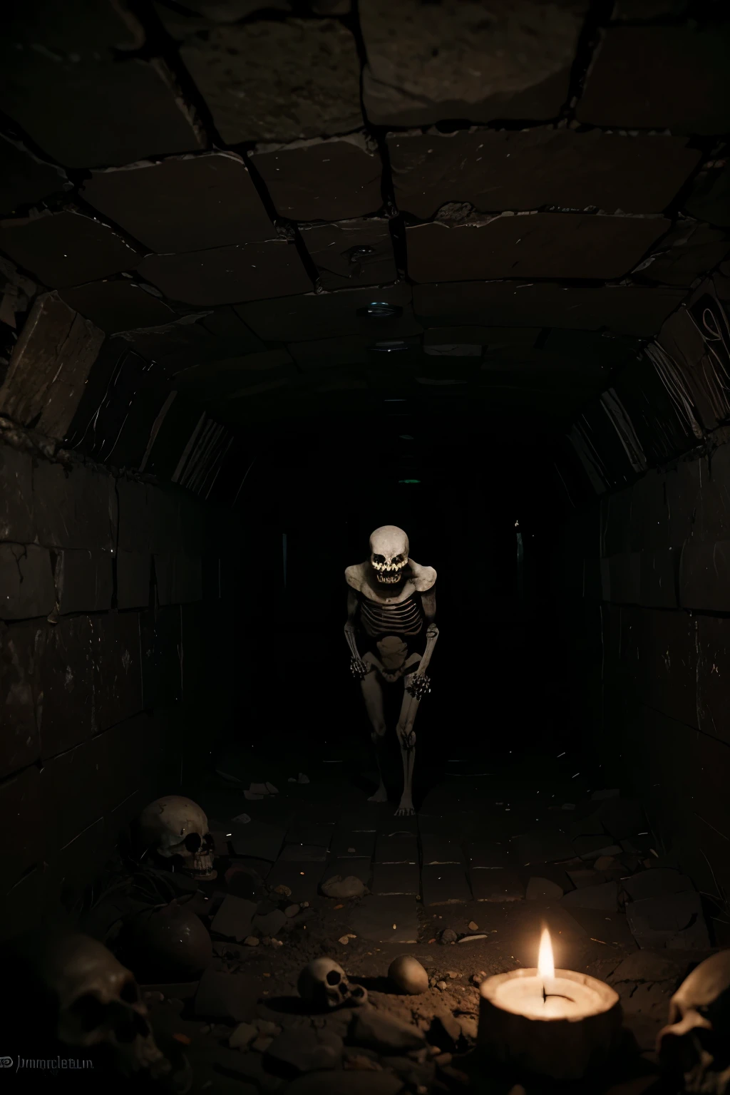A skeleton standing in a dark room with a candle - SeaArt AI