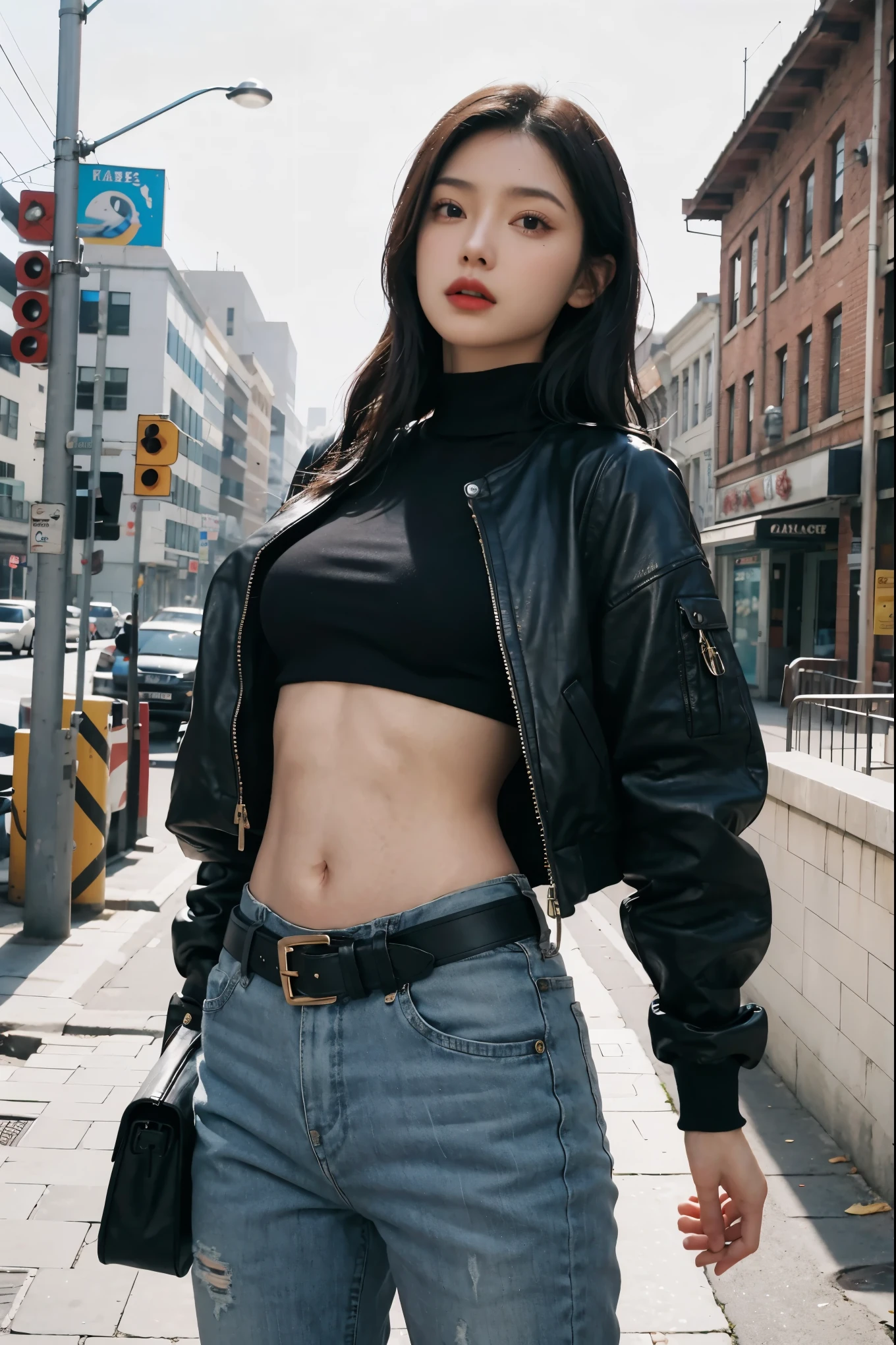 Araffe asian woman in black jacket and jeans walking down the street - SeaArt AI