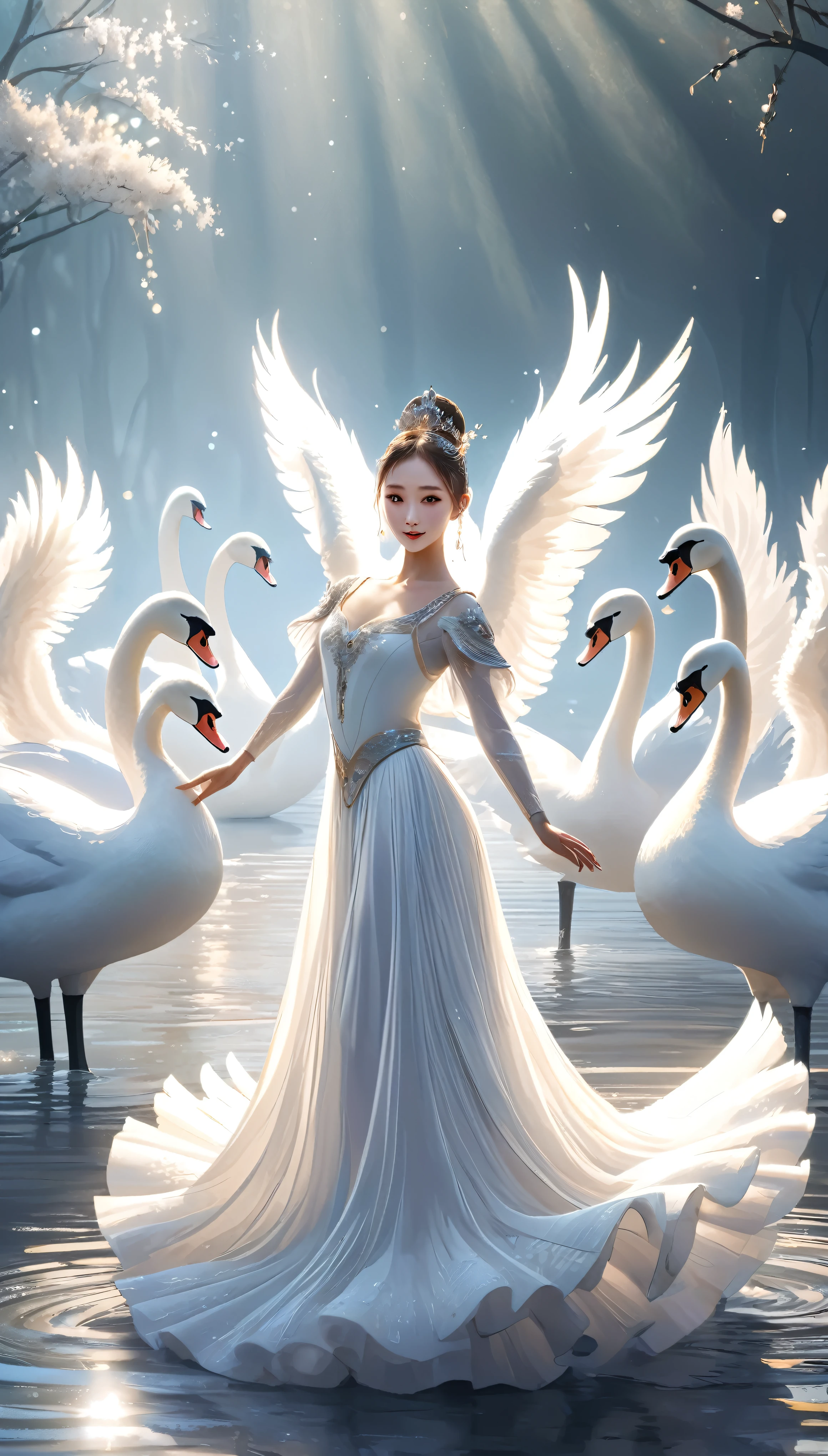 There is a woman in a white dress standing in a lake with swans - SeaArt AI