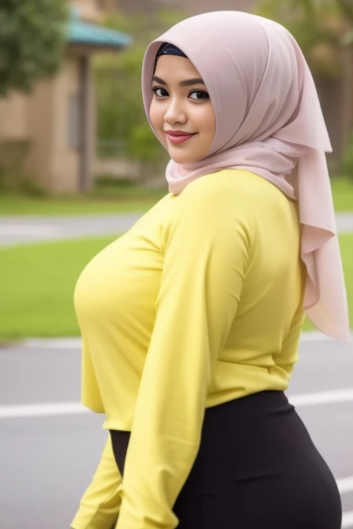 Malay girl in hijab wear baju kurung small flower motif, pastel color ...