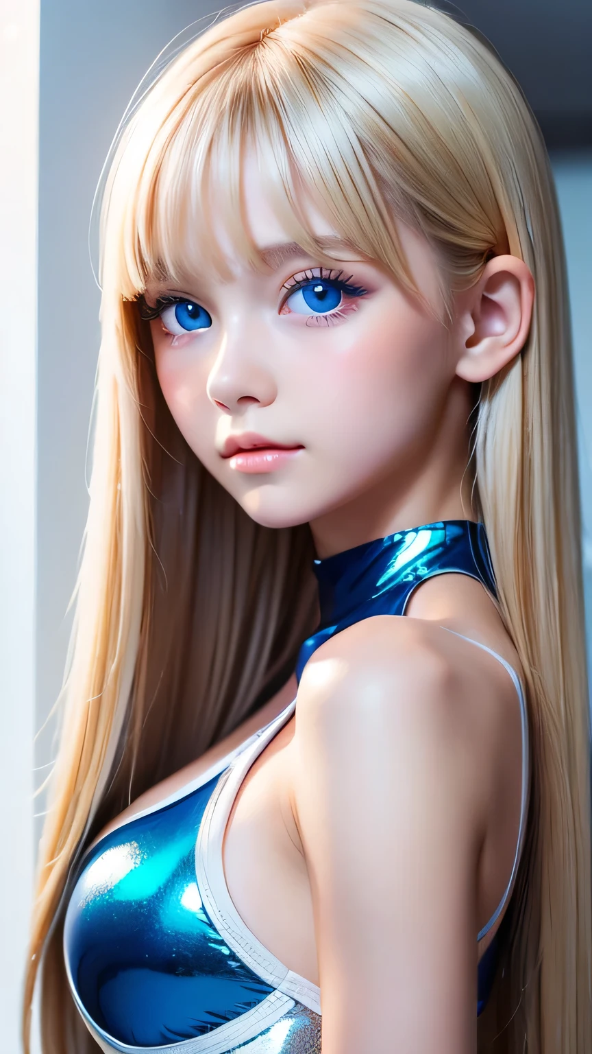 A close up of a woman with long blonde hair wearing a blue top - SeaArt AI