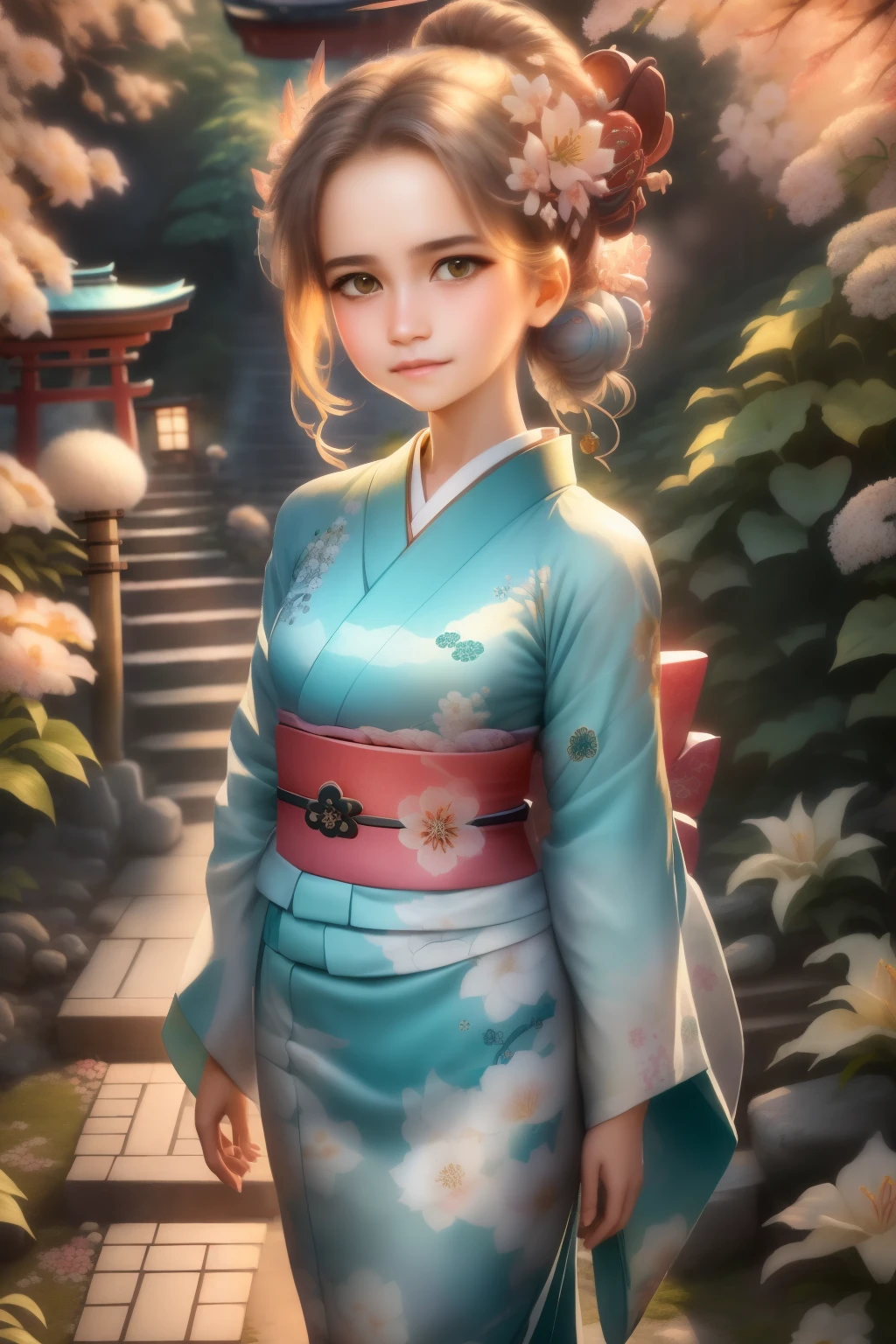 A woman in a blue kimono is standing in front of a pagoda - SeaArt AI