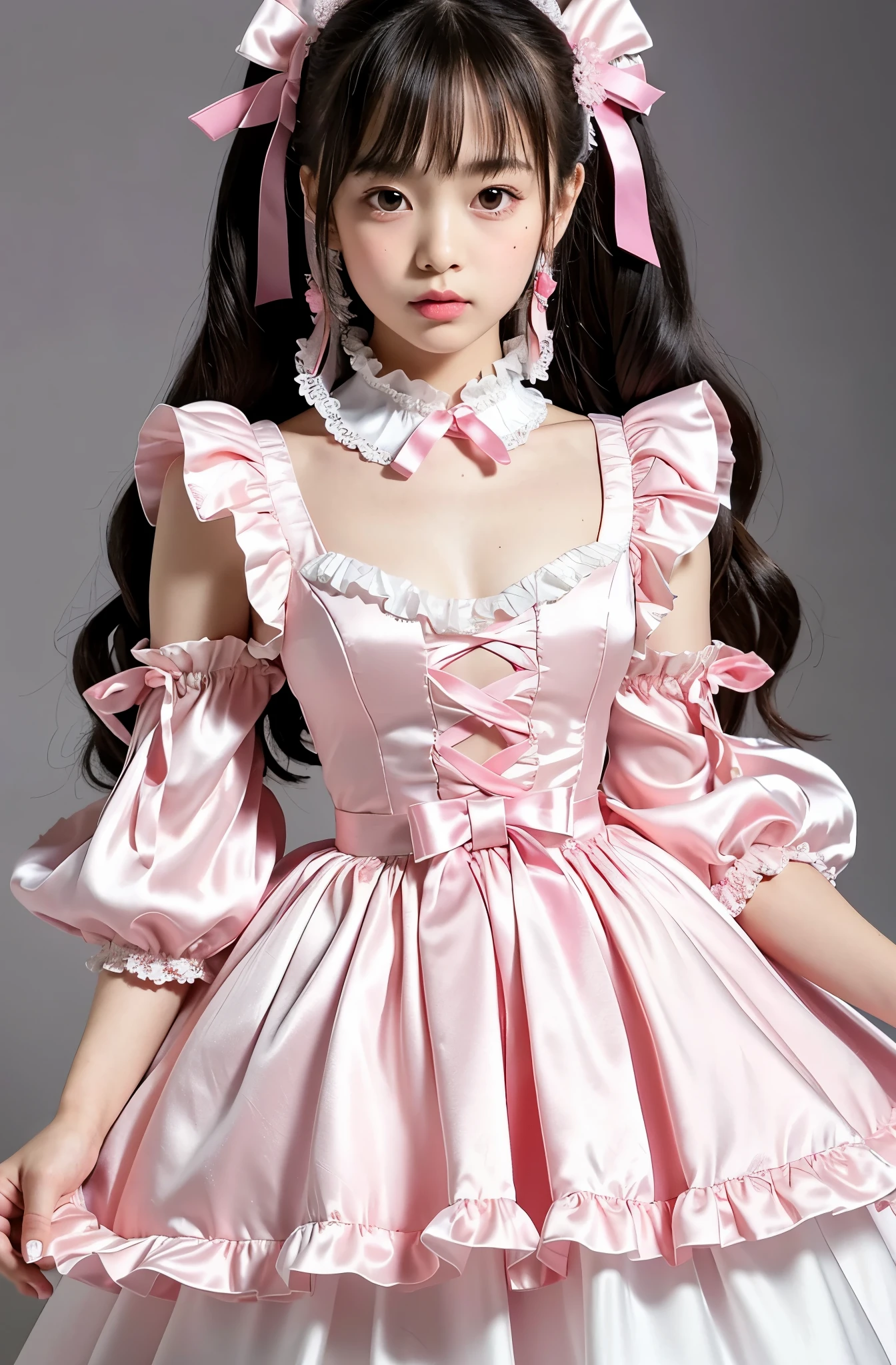 A close up of a woman wearing a pink dress and a pink bow - SeaArt AI