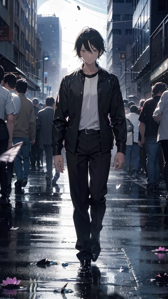 Anime man walking through a crowd,alone,Black petals flutter - SeaArt AI