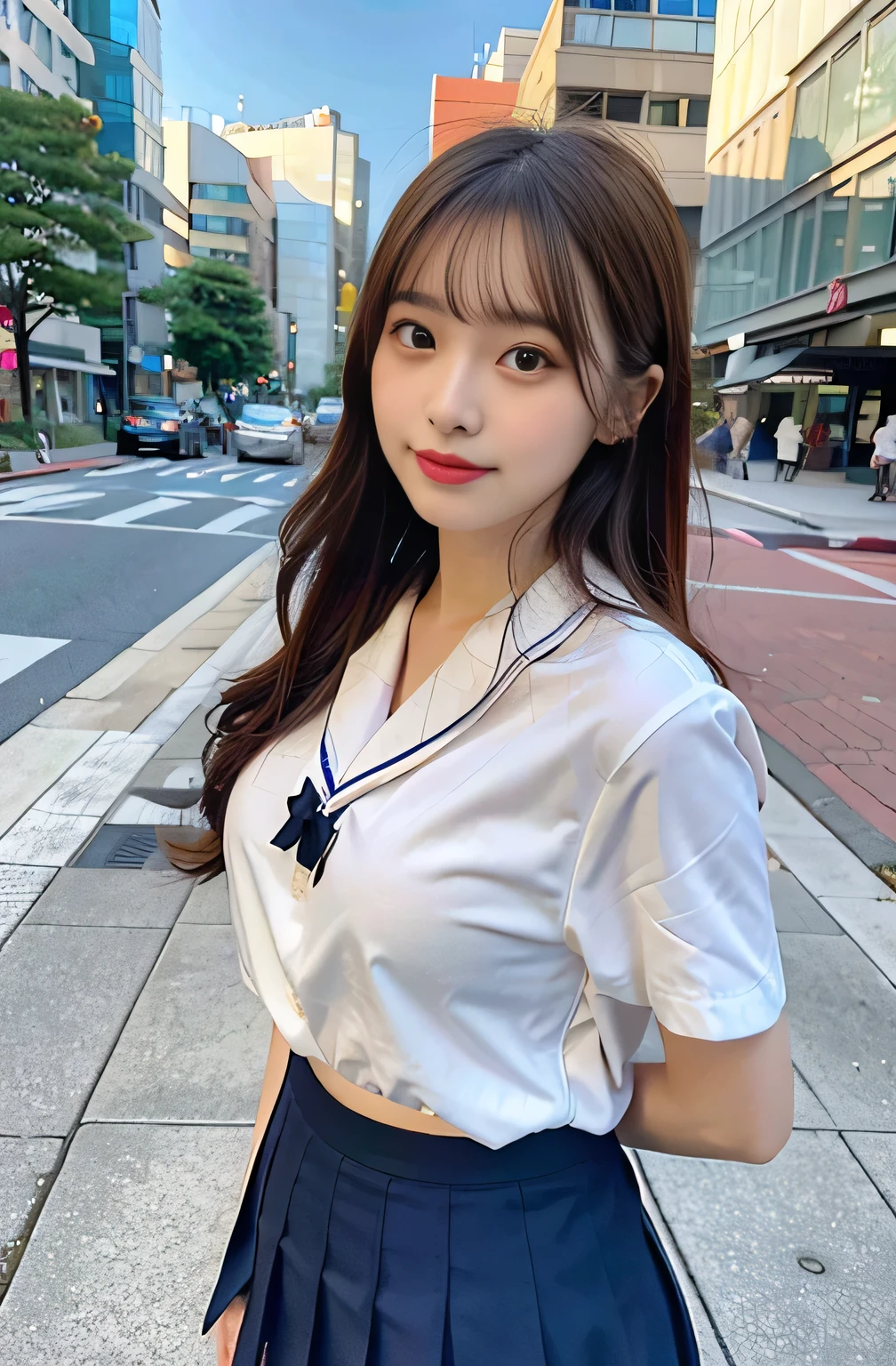 Arafed asian woman in a white shirt and blue skirt posing for a picture - SeaArt AI