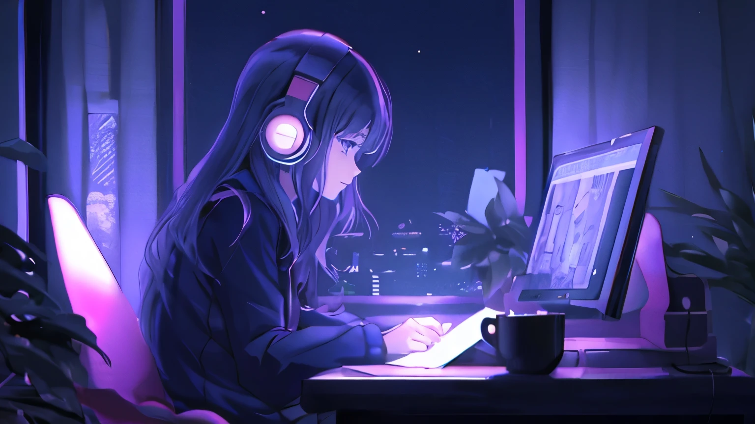 Anime girl with headphones sitting at a desk with a computer - SeaArt AI