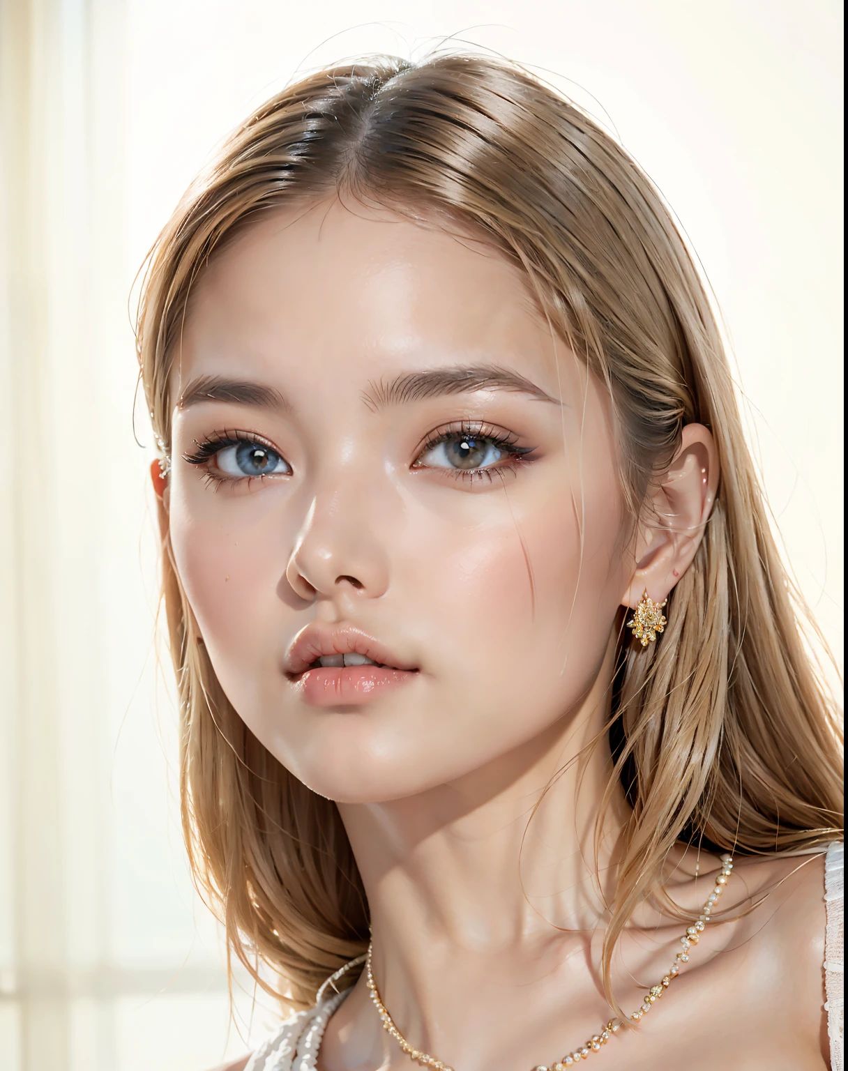 A woman with a necklace and earrings is posing for a picture - SeaArt AI