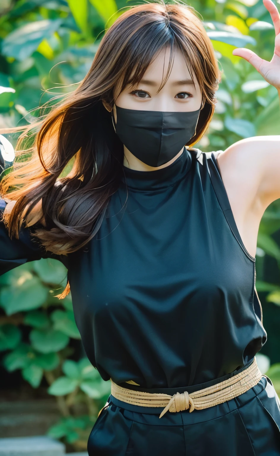 Araffe woman wearing a black mask and black dress with her hands up - SeaArt AI