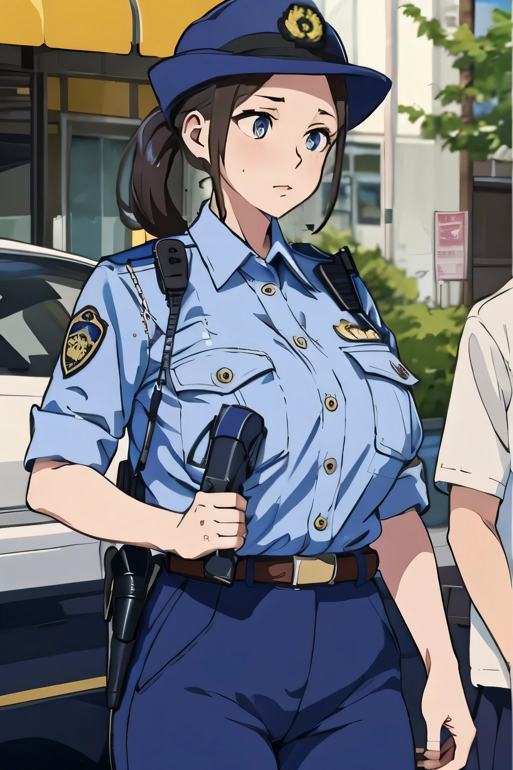 Anime characters in uniform walking down a street with a police officer ...
