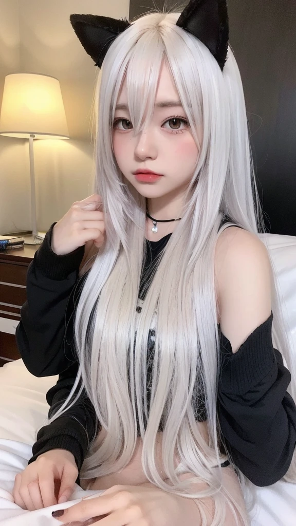 Anime girl with long white hair and cat ears laying on a bed - SeaArt AI