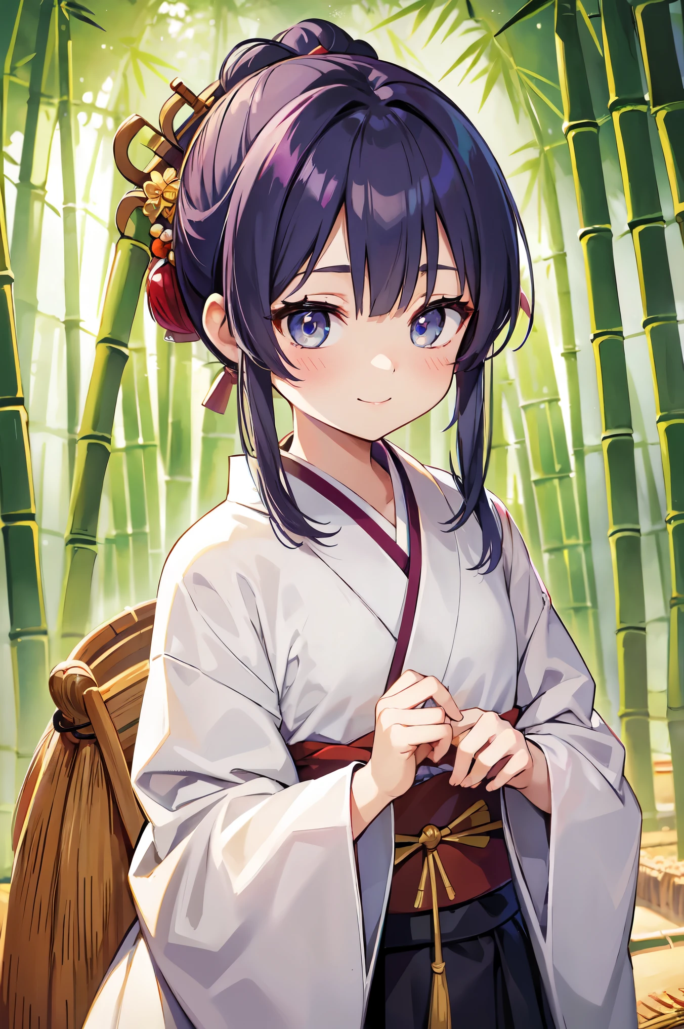 Anime girl in kimono outfit standing in bamboo forest with bamboo poles ...