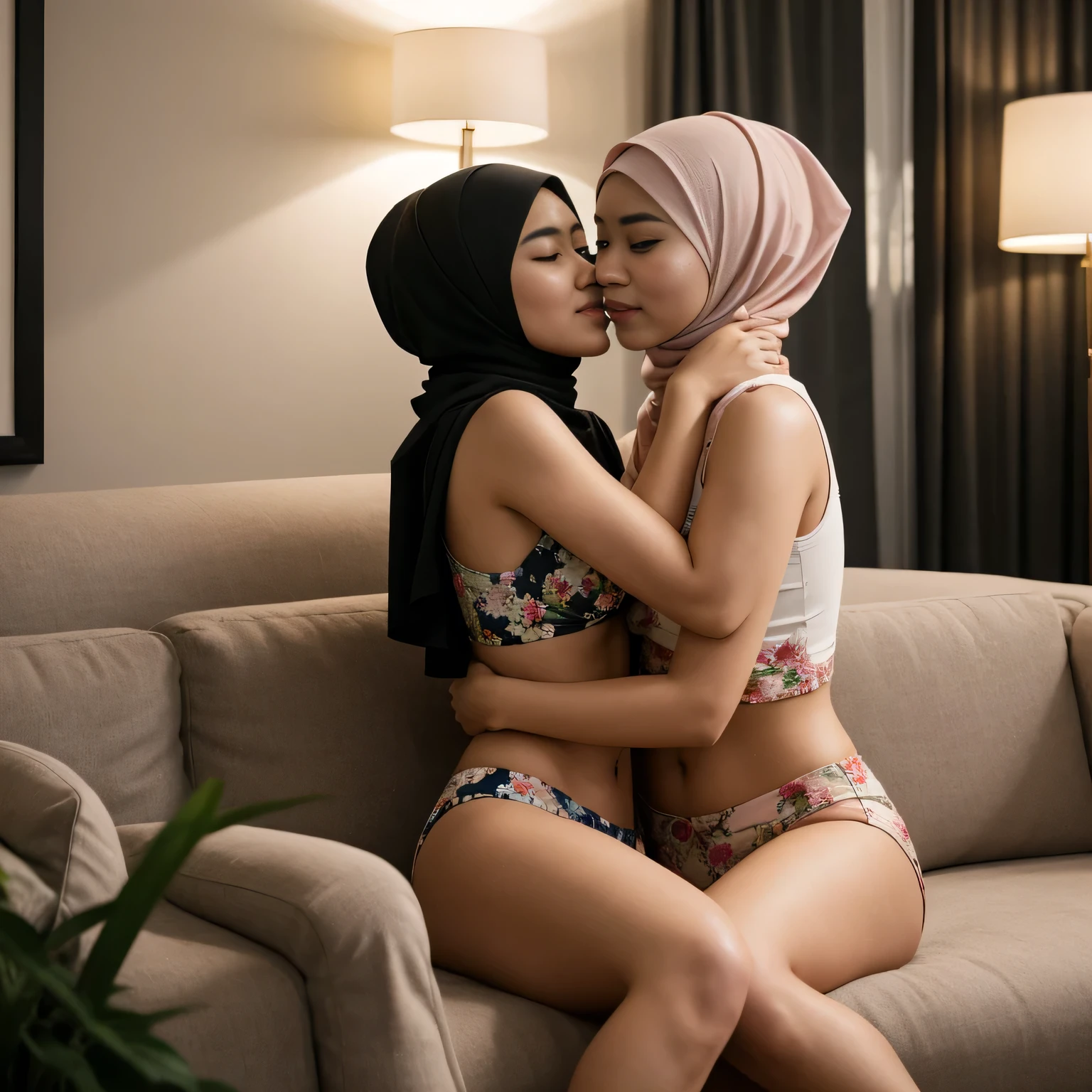 Two women in hijabs are sitting on a couch and kissing - SeaArt AI