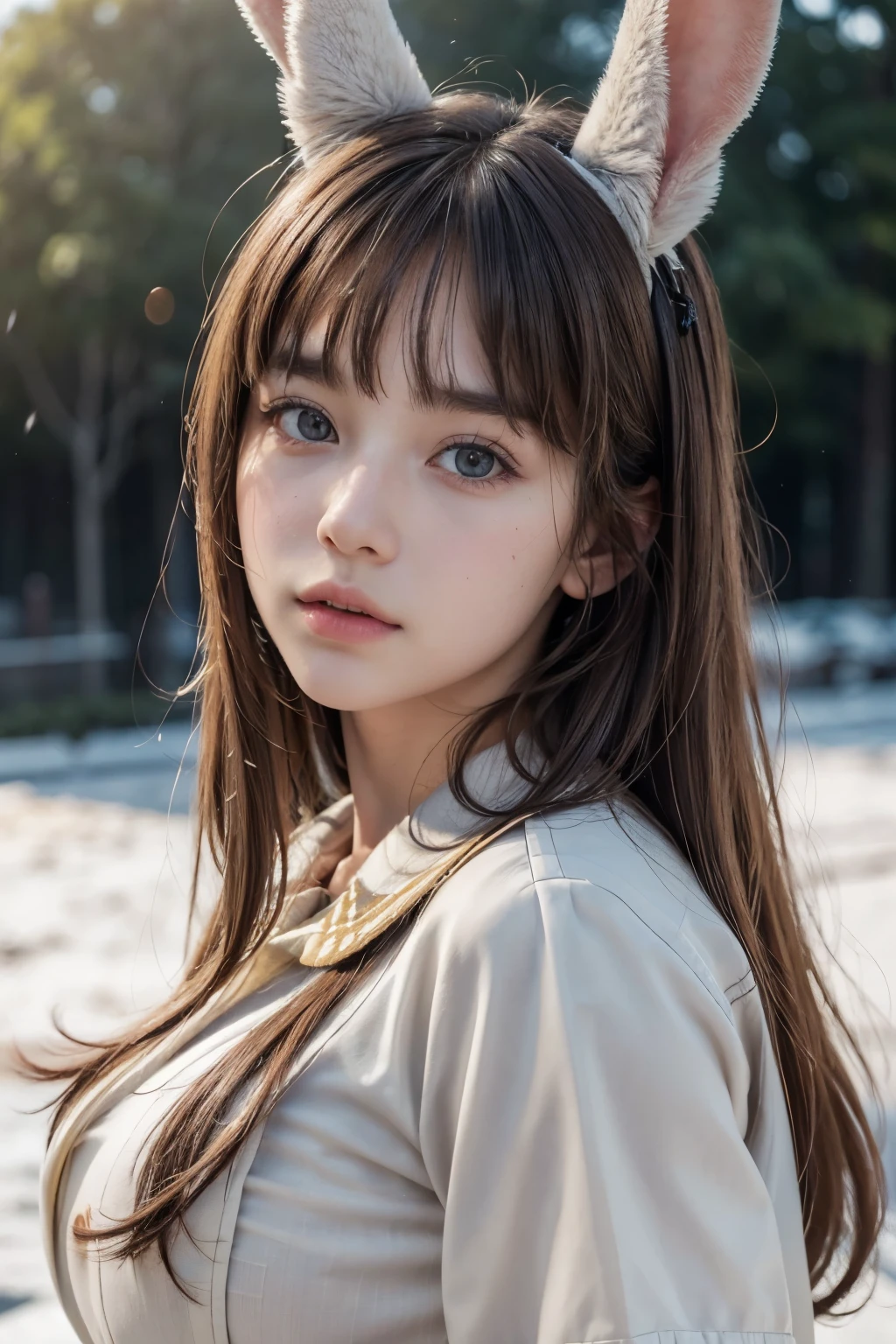 A woman with long hair wearing bunny ears and a beige shirt - SeaArt AI