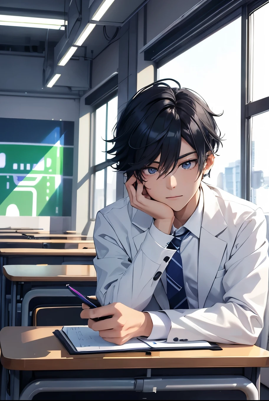 Anime boy in a classroom with a notebook and a cell phone - SeaArt AI