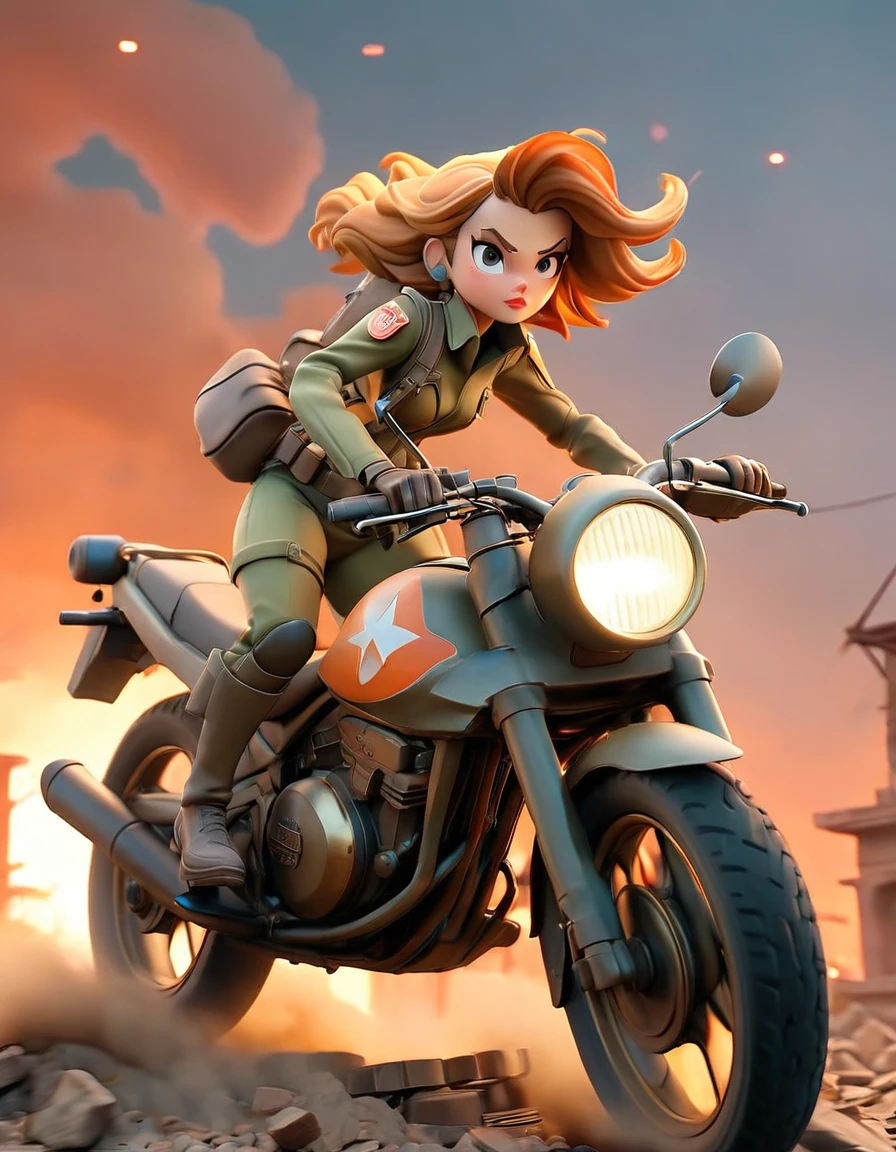 3D, A female soldier riding a motorcycle, Ruined city, battlefield ...