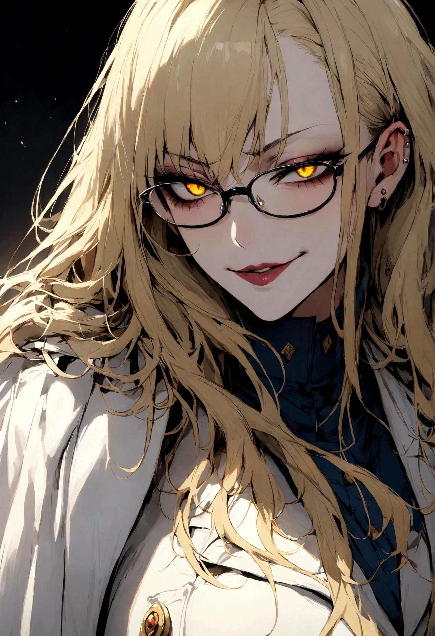 Tall woman, volumptious body, long blonde hair, glasses, seductive ...