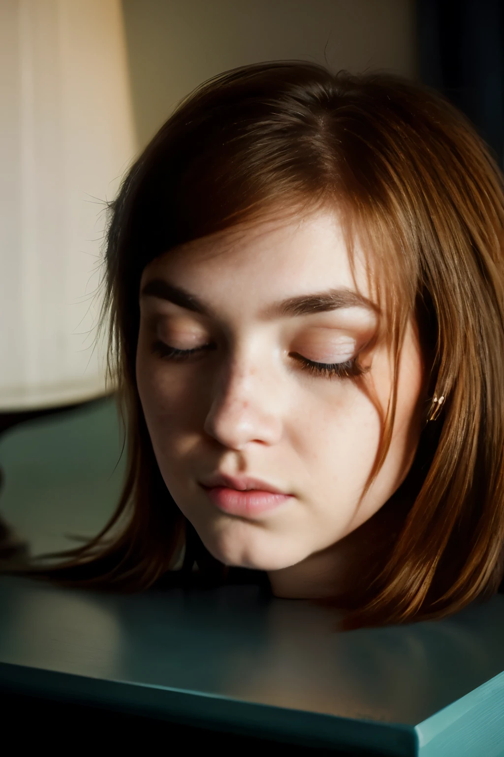 ((disembodied head on nightstand)), young teen girl, freckles - SeaArt AI