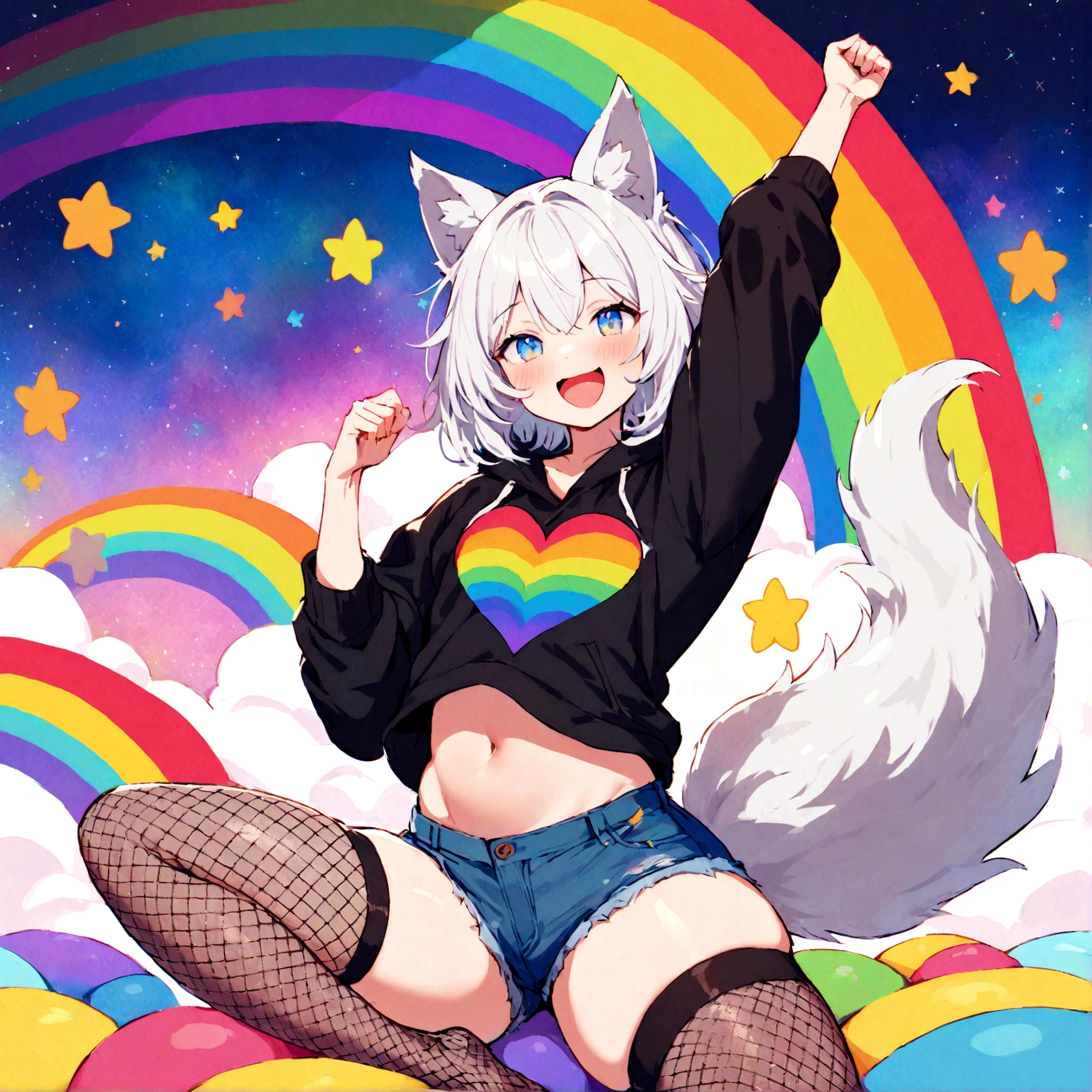 A cute adult male with wolf ears, white hair, has a wolf tail - SeaArt AI