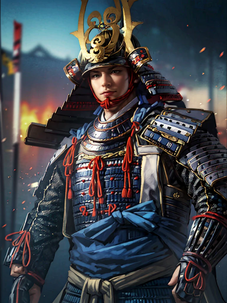 Ancient、Shogun、long beard and long hair、blue unicorn armor、dragon ...