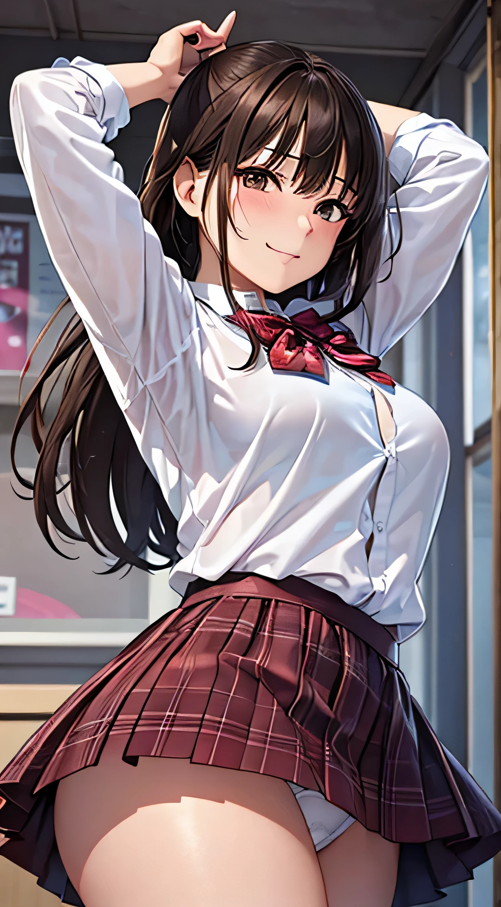 Anime girl in a school uniform posing in front of a store - SeaArt AI