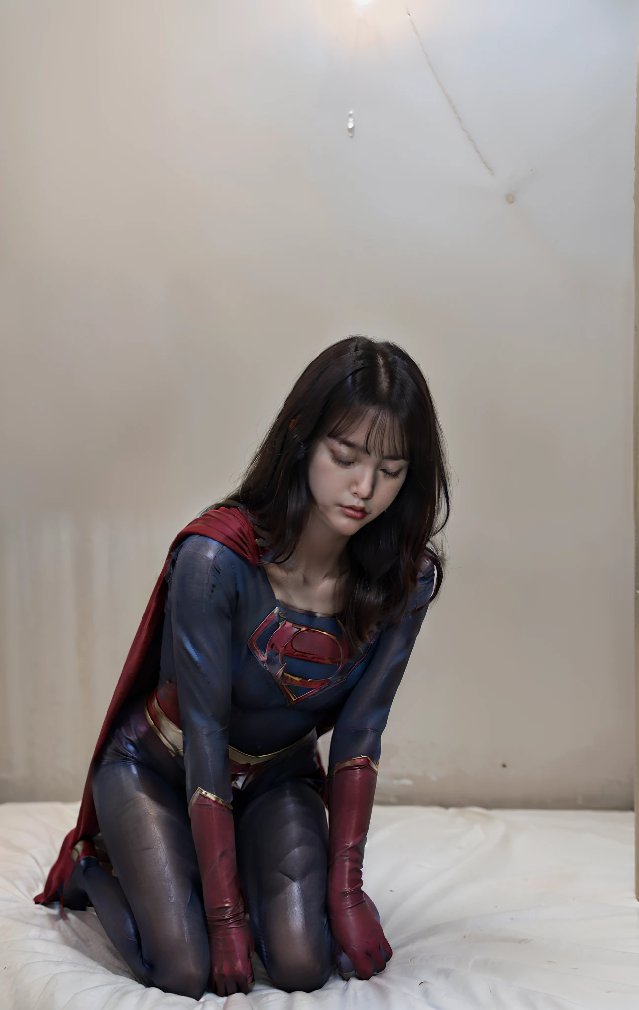 A woman in a superman costume sitting on a bed - SeaArt AI