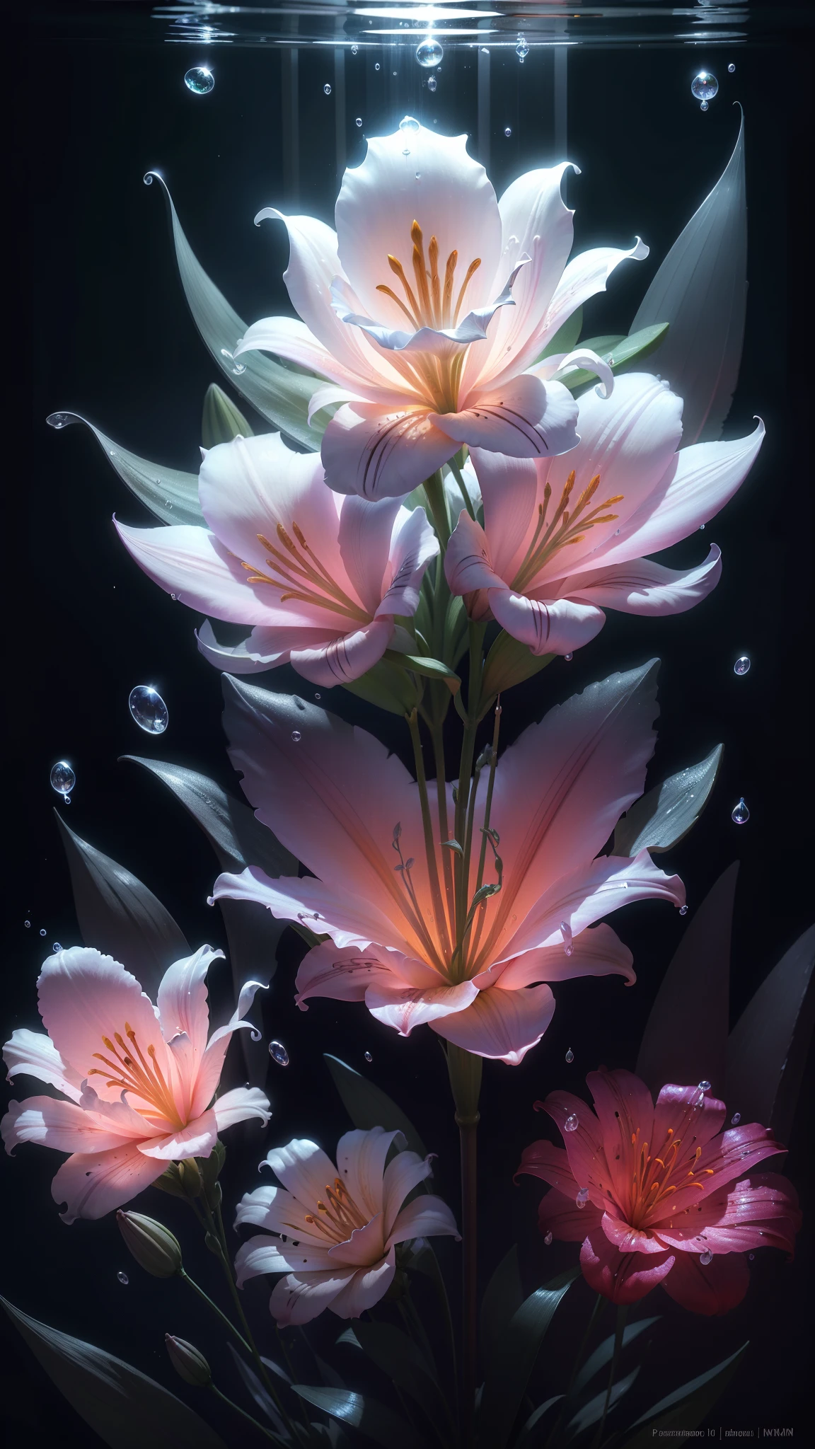 Flowers in a vase with bubbles floating on top of it - SeaArt AI
