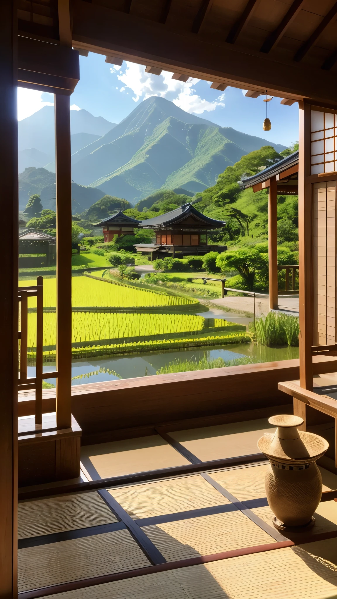 A view of a room with a view of a rice field - SeaArt AI