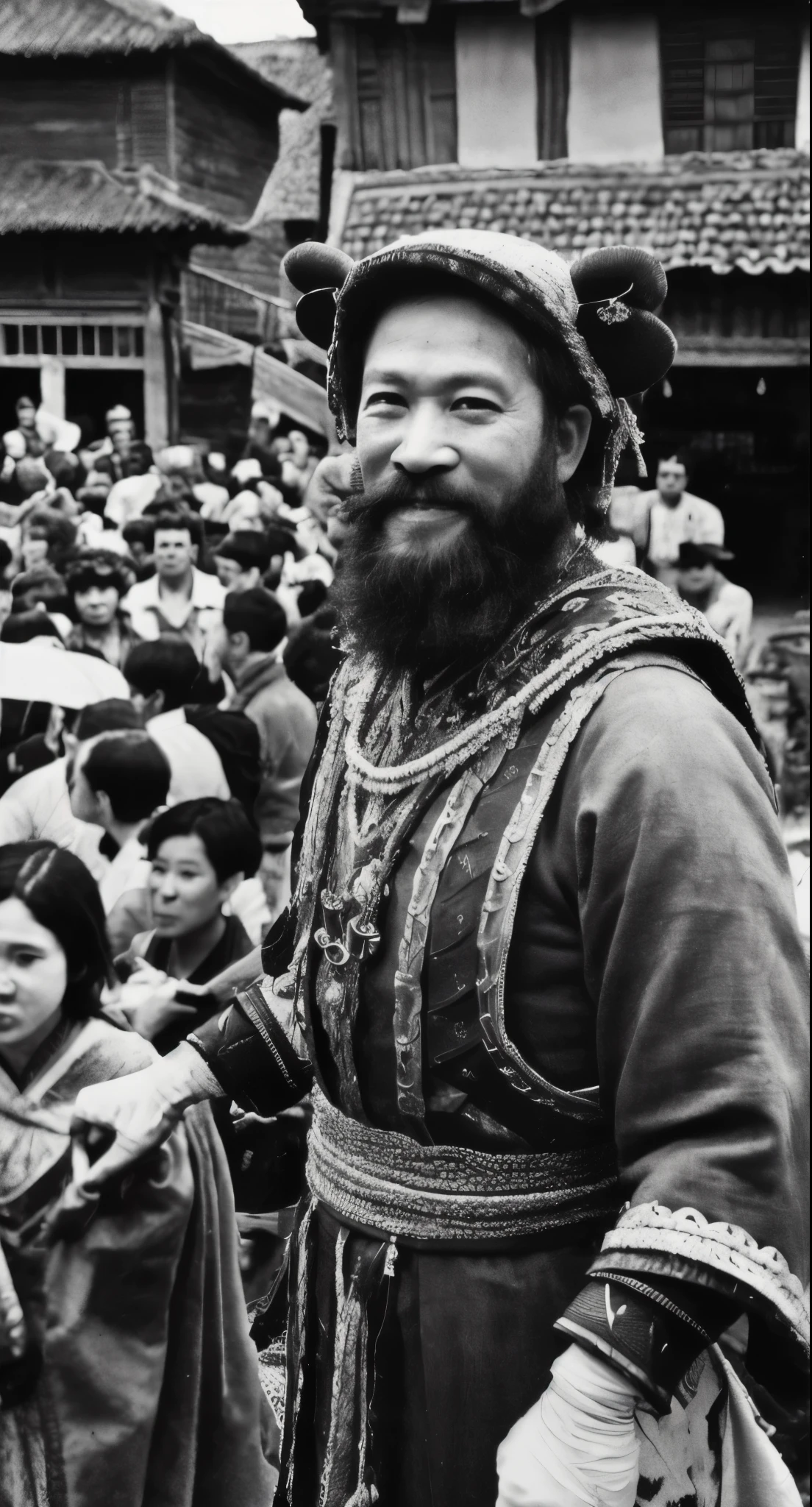 A black and white photo of a man in a costume and a crowd - SeaArt AI