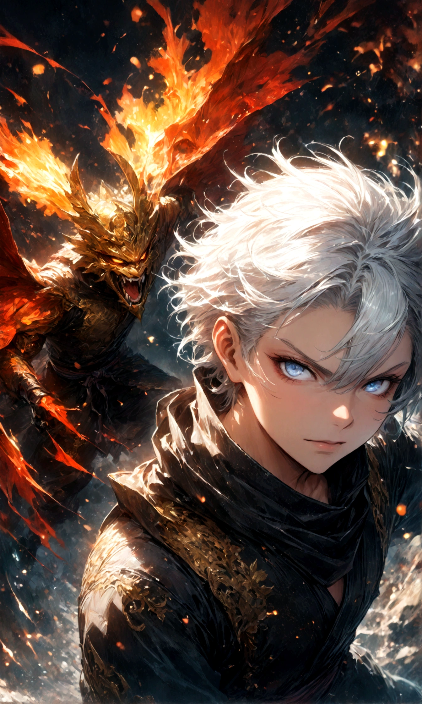 (1 male,gabimaru,Androgynous short hair,white hair,Black and white ...