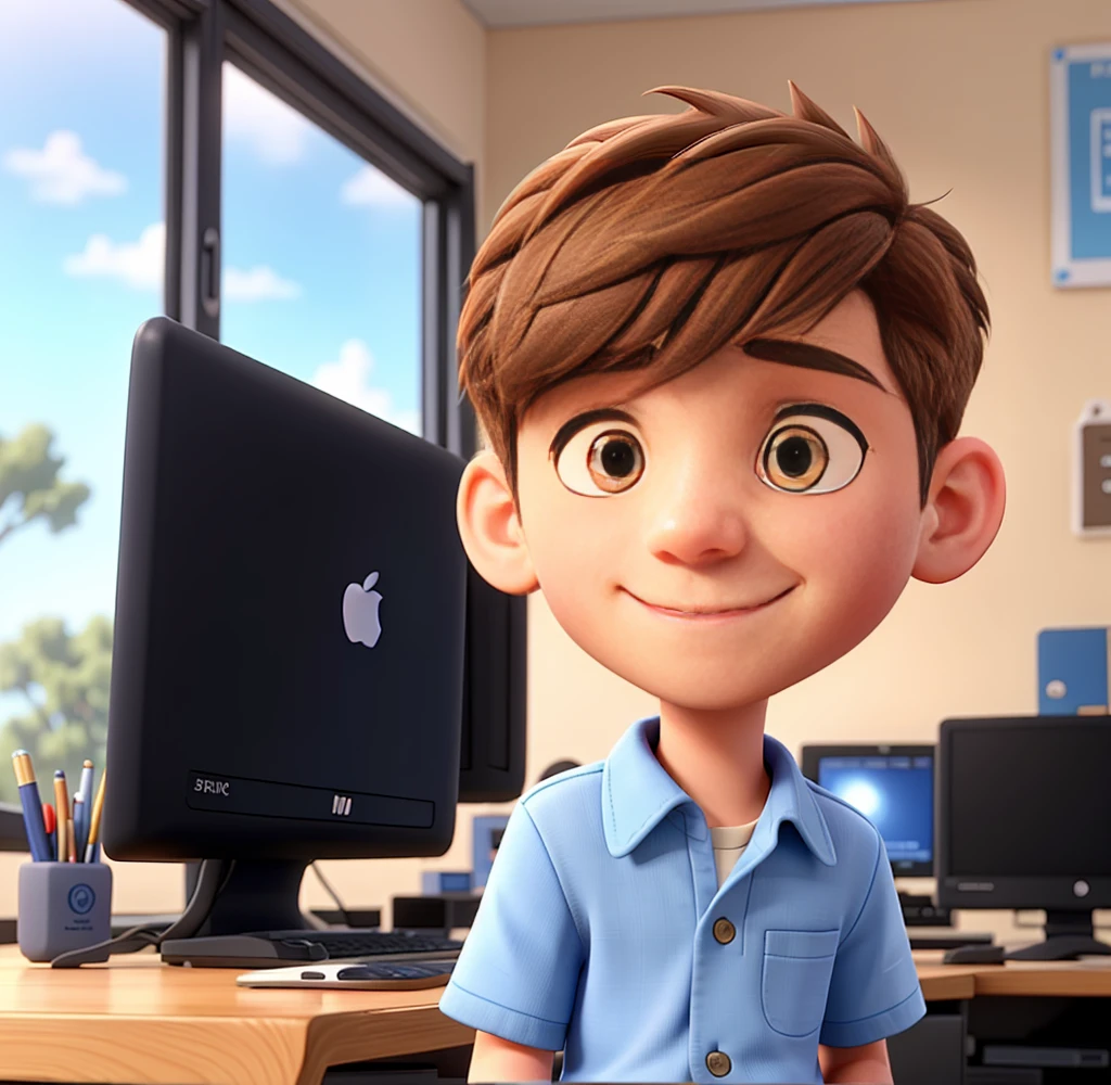 The character is a boy with a short faded haircut with a PC by his side ...