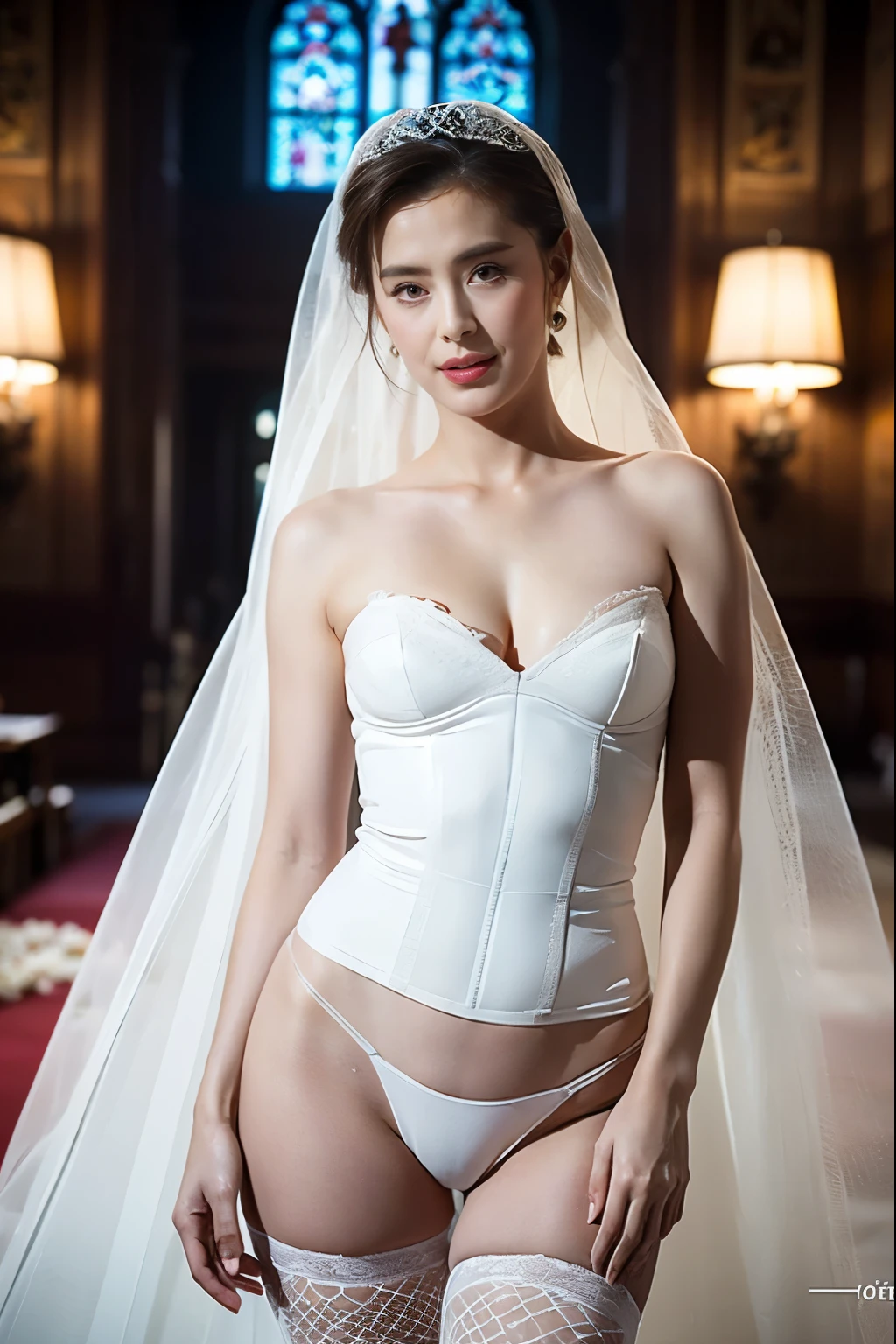 A close up of a woman in a white corset and a veil - SeaArt AI
