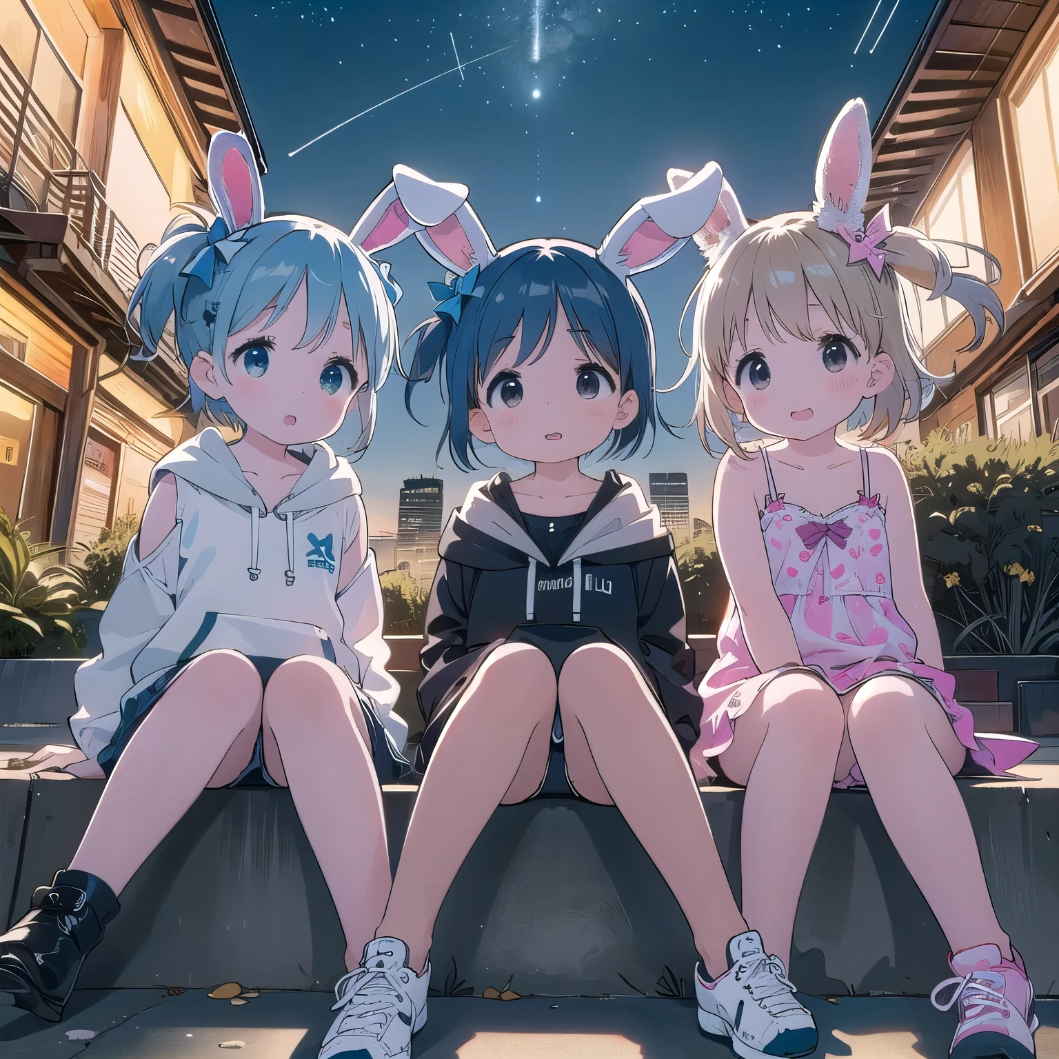 Three anime girls sitting on a ledge with their legs crossed - SeaArt AI