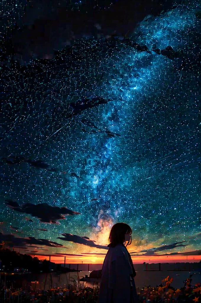 A starry sky,Meteors,8k,Beautiful night sky,Girl looking up at the sky ...