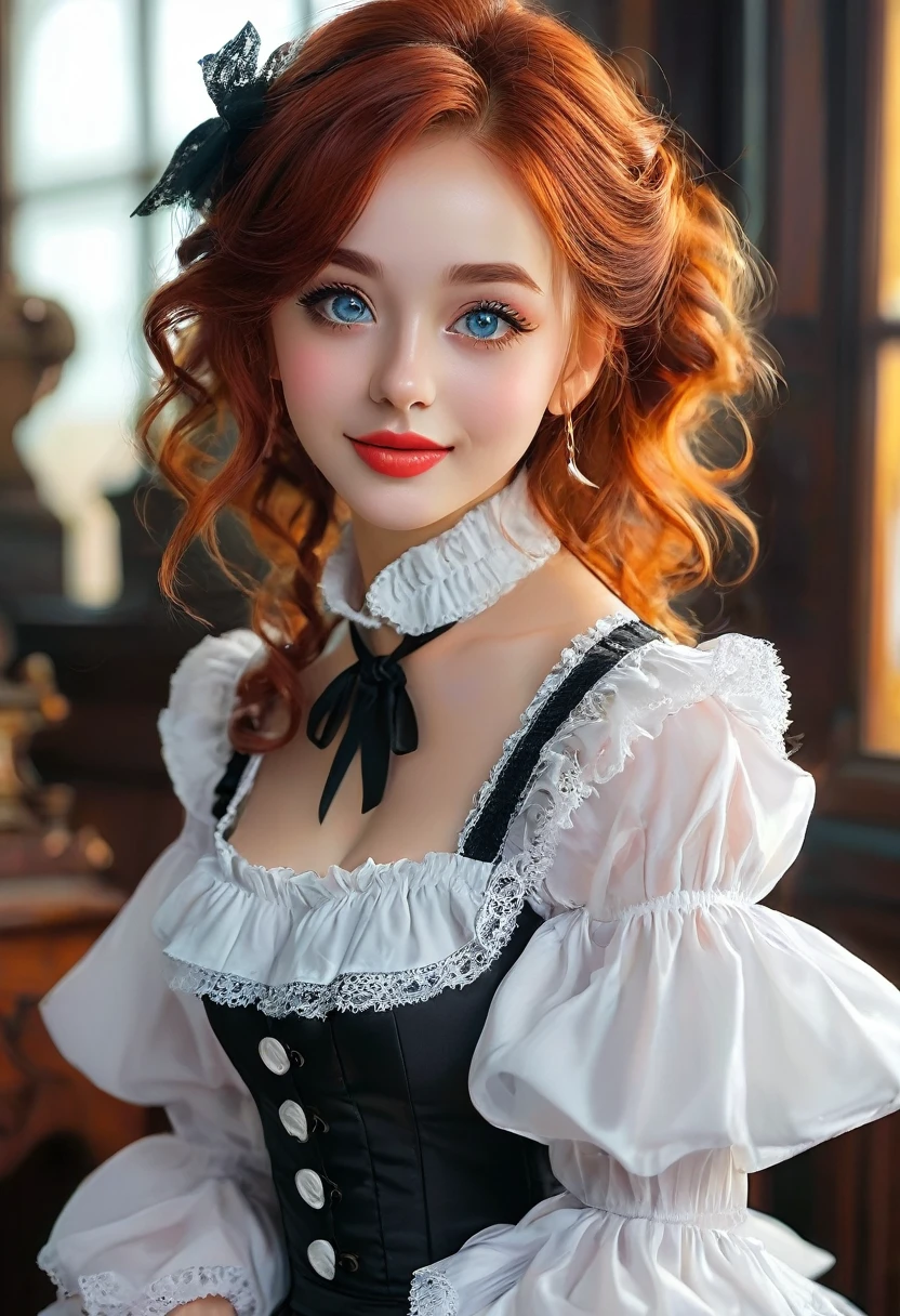 A pretty maid. best quality, masterpiece, red hair, sky blue eyes ...
