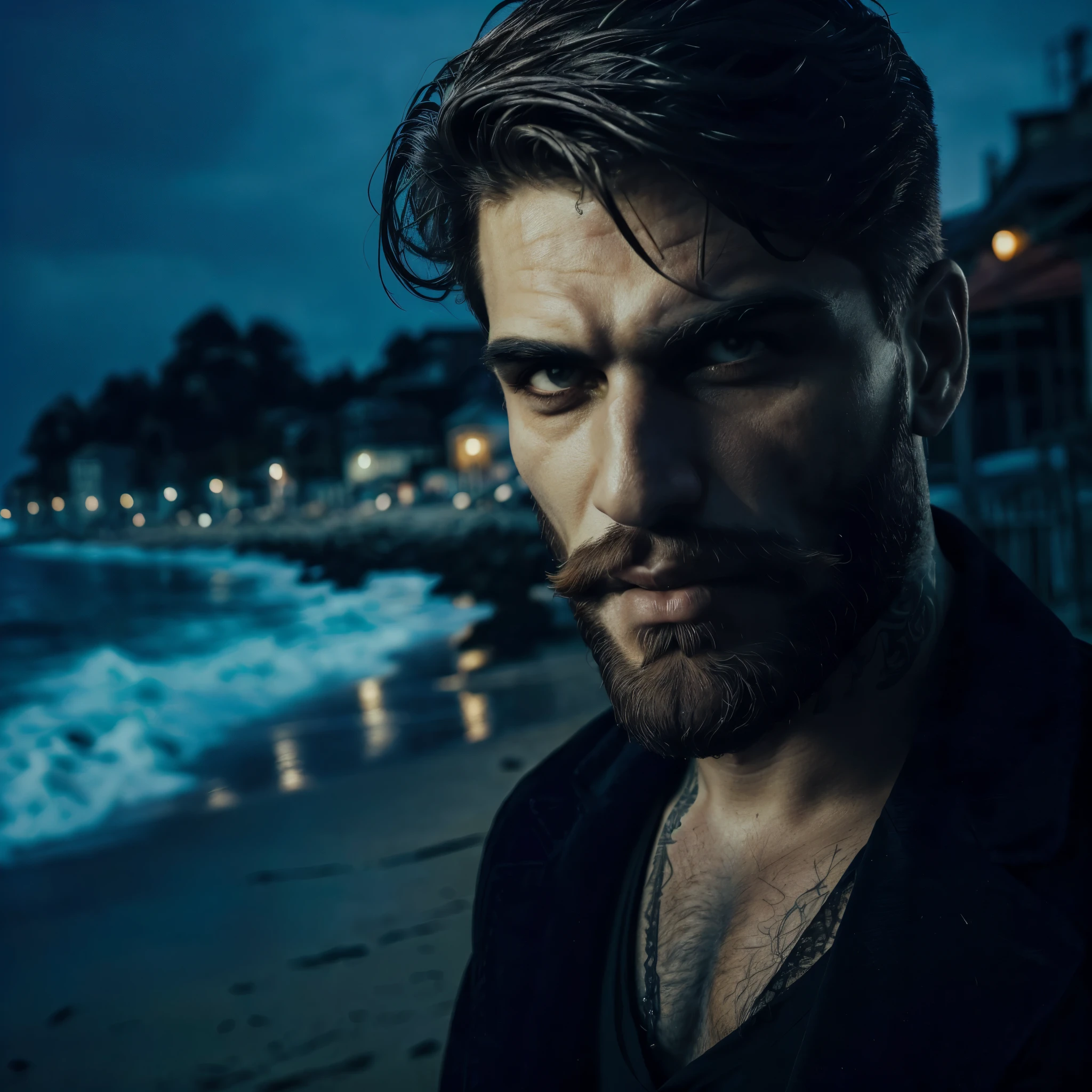 Arafed man with a beard and a mustache standing on a beach - SeaArt AI