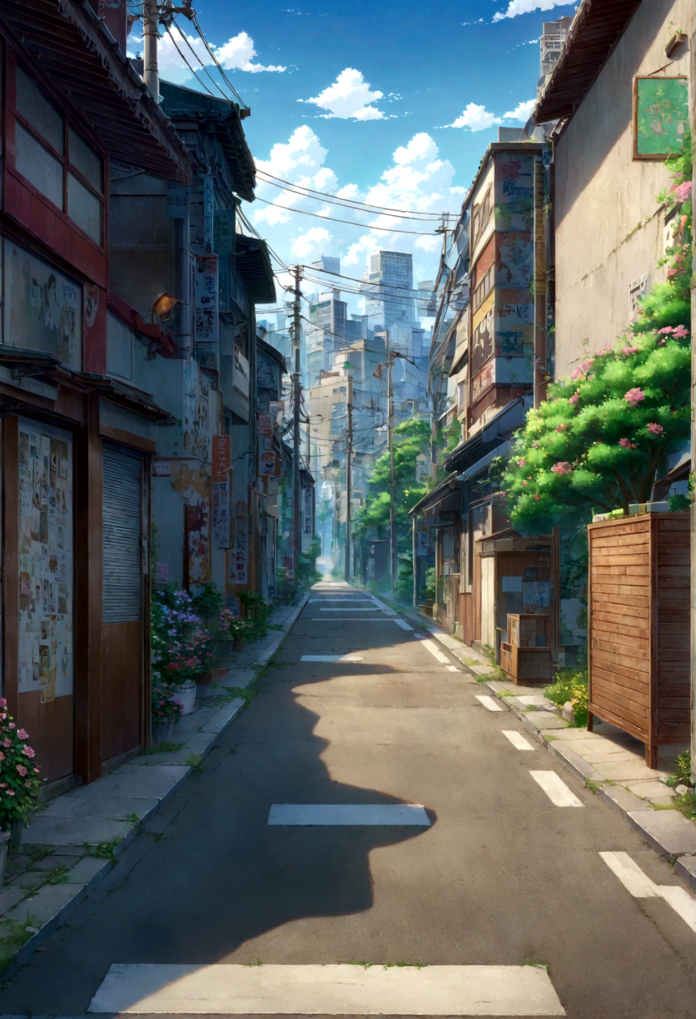 Anime scenery of a street with a lot of signs and flowers, anime ...