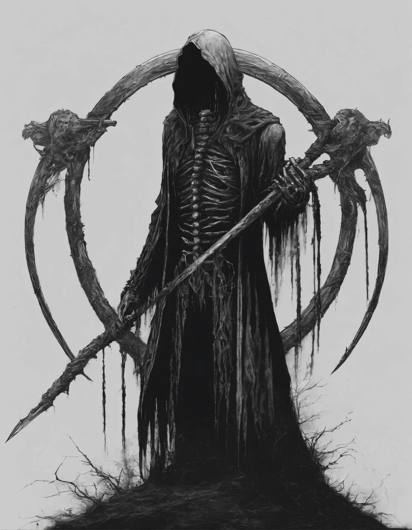 A black and white drawing of a grimy man holding a scythe - SeaArt AI