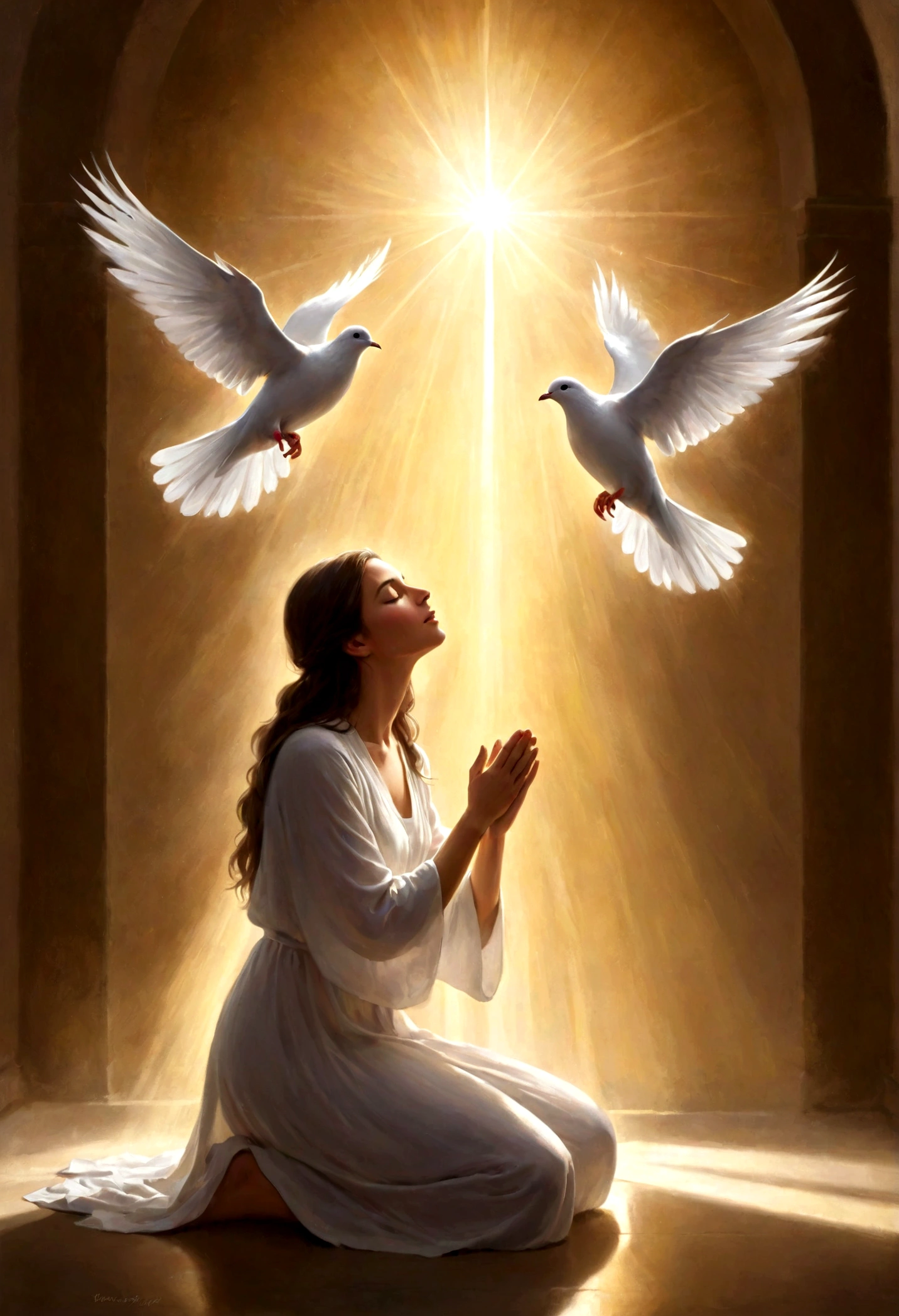 Holy Spirit symbolized as a radiant small dove descending gently upon a ...