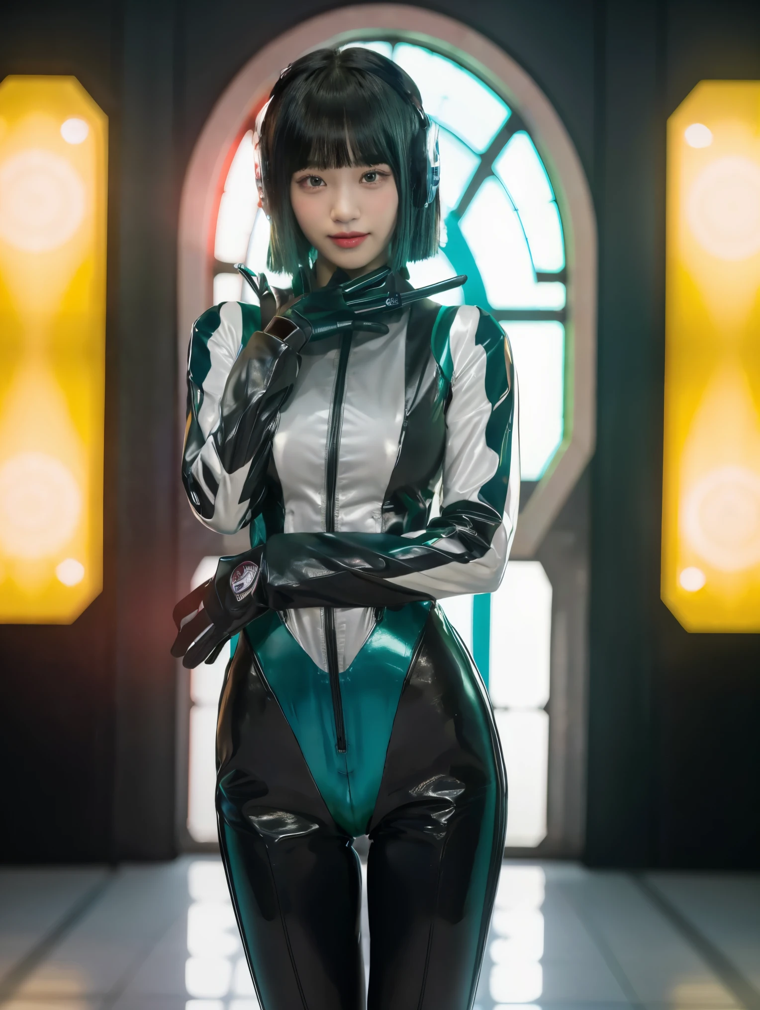 A close up of a woman in a latex outfit posing for a picture - SeaArt AI