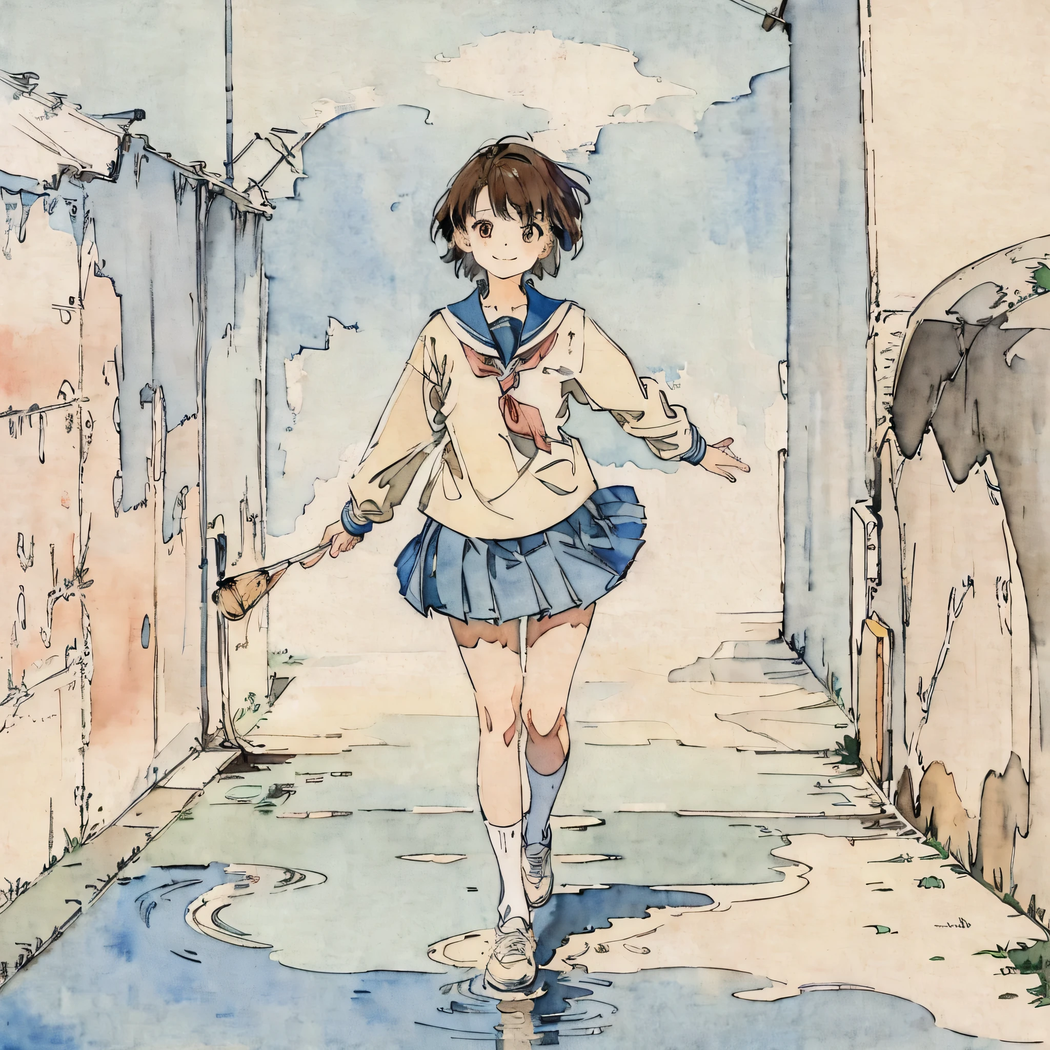 Anime girl walking down a street with a dog in her hand - SeaArt AI