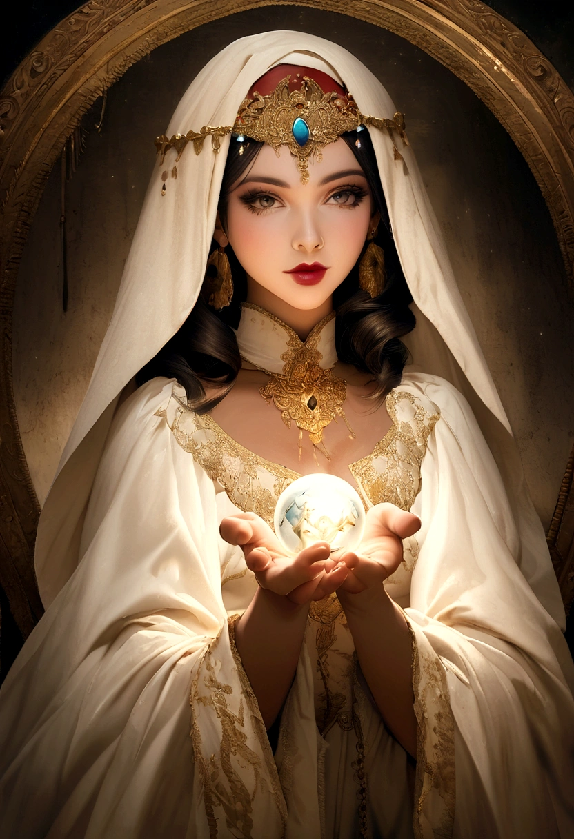 Arabian woman in white dress holding a crystal ball, beautiful magician ...