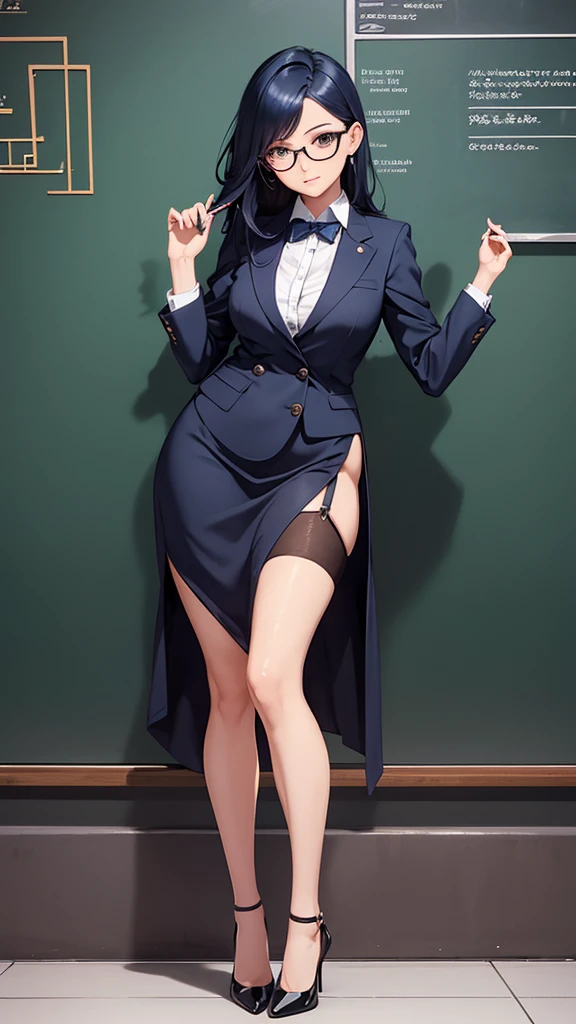 Beautiful woman, full body, dark blue hair, works as a language ...