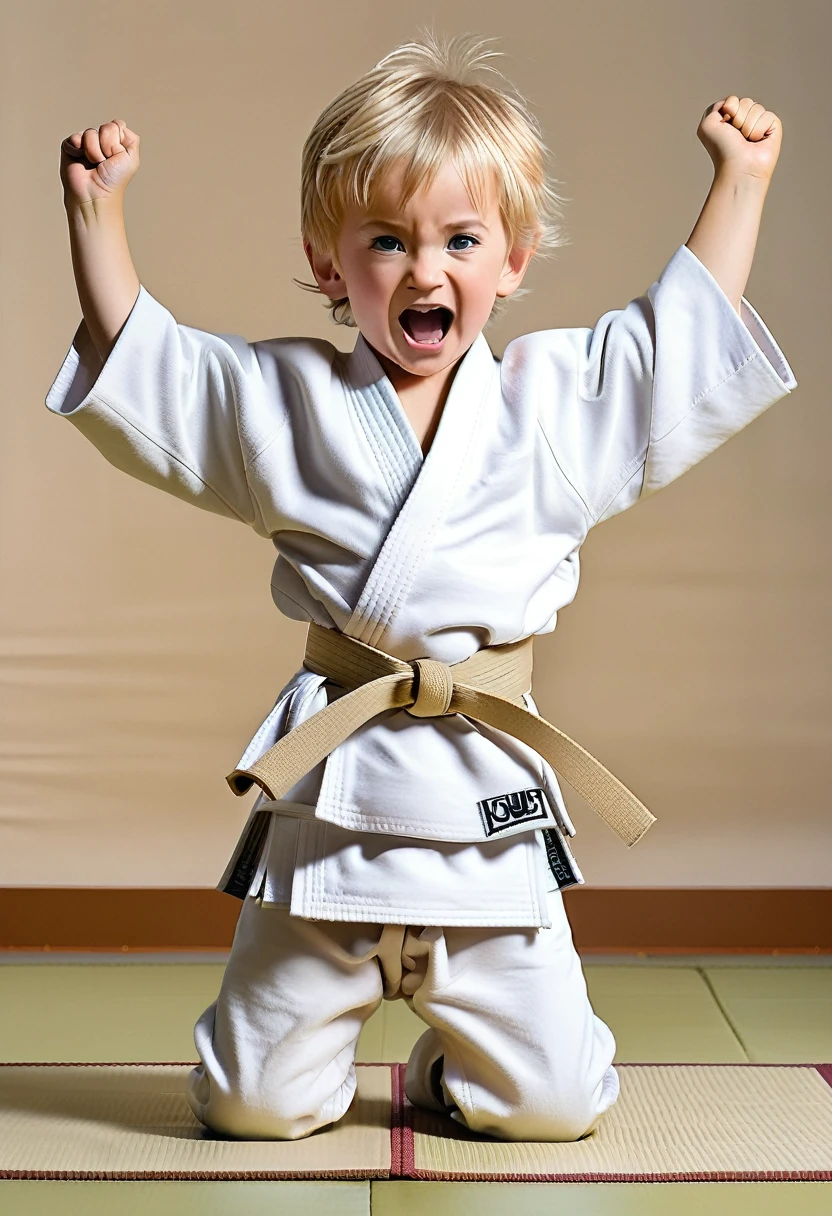 A little 4 year old blond boy in judo outfit raises his arms showing ...