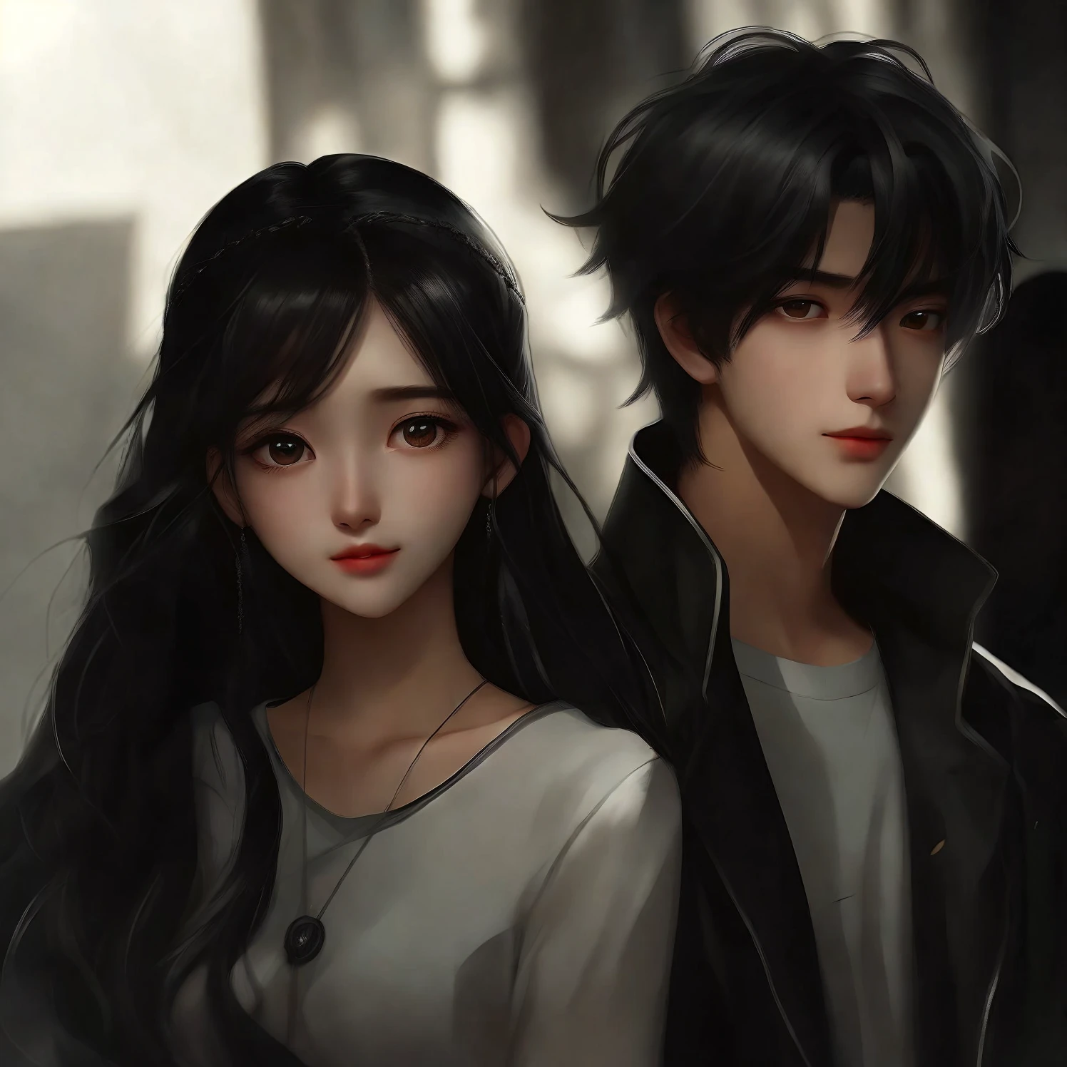 Anime couple with long black hair and red lips standing next to each ...