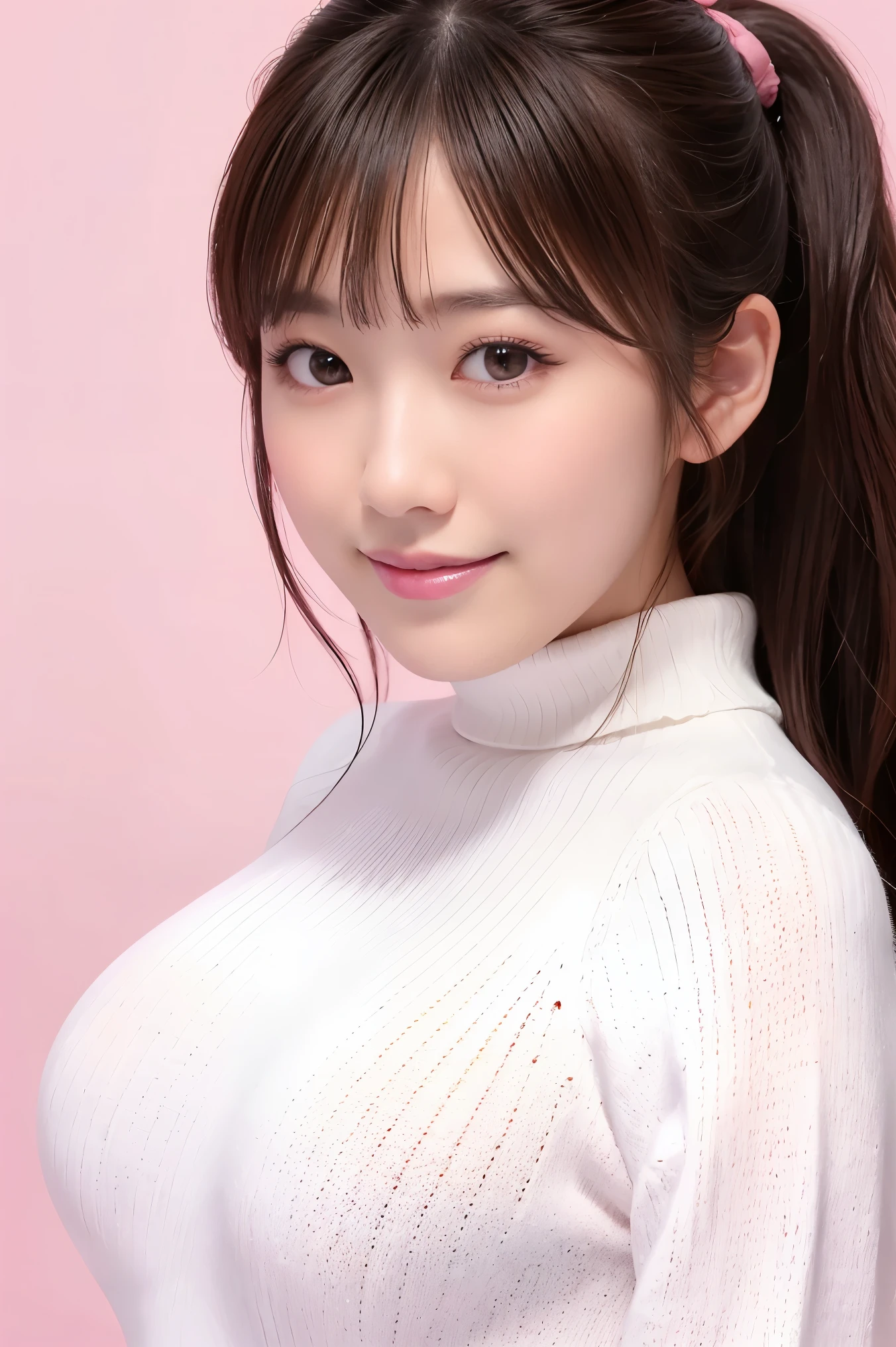 A close up of a woman with a ponytail in a white sweater - SeaArt AI