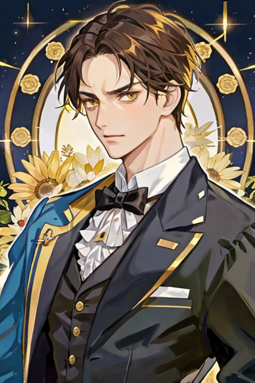 Anime man in his late 40s with short brown hair and yellow eyes with ...