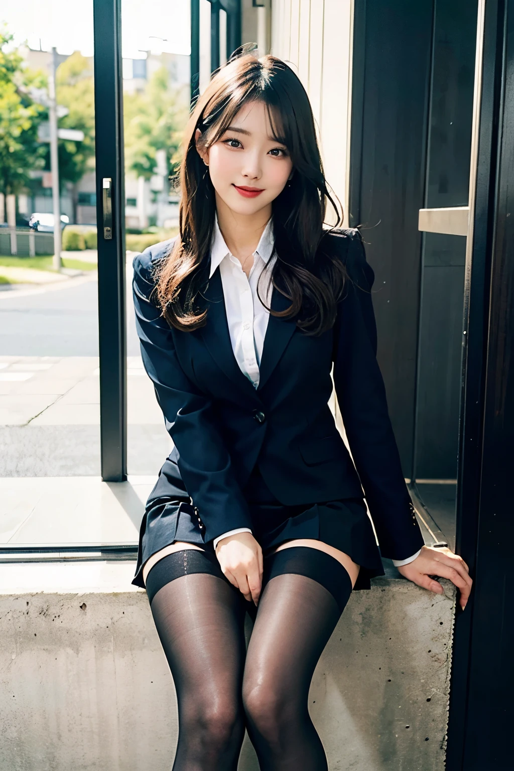 Araffe asian woman in a short skirt and black jacket sitting on a ledge - SeaArt AI