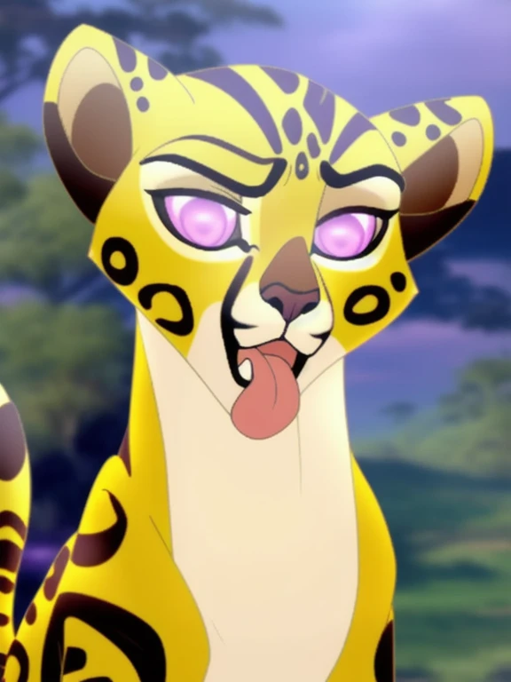 Fuli character, feral, cheetah, hypnotized with glowing purple eyes ...