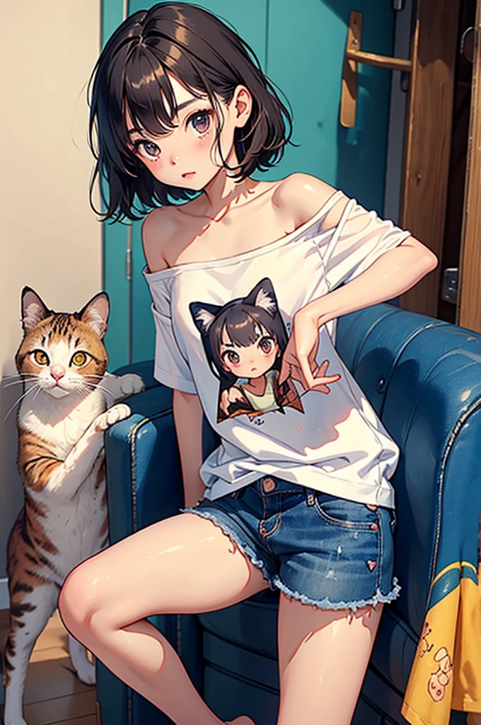 Very cute、7 years old、Very short stature，Thin thighs，Big round eyes - SeaArt AI